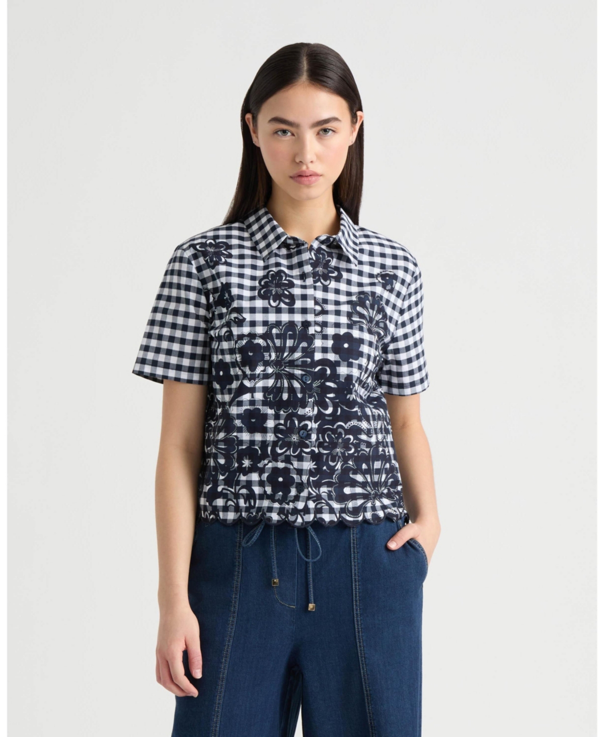 Click here for Nvlt Womens Poplin Gingham Camp Shirt - Navy gingh... prices