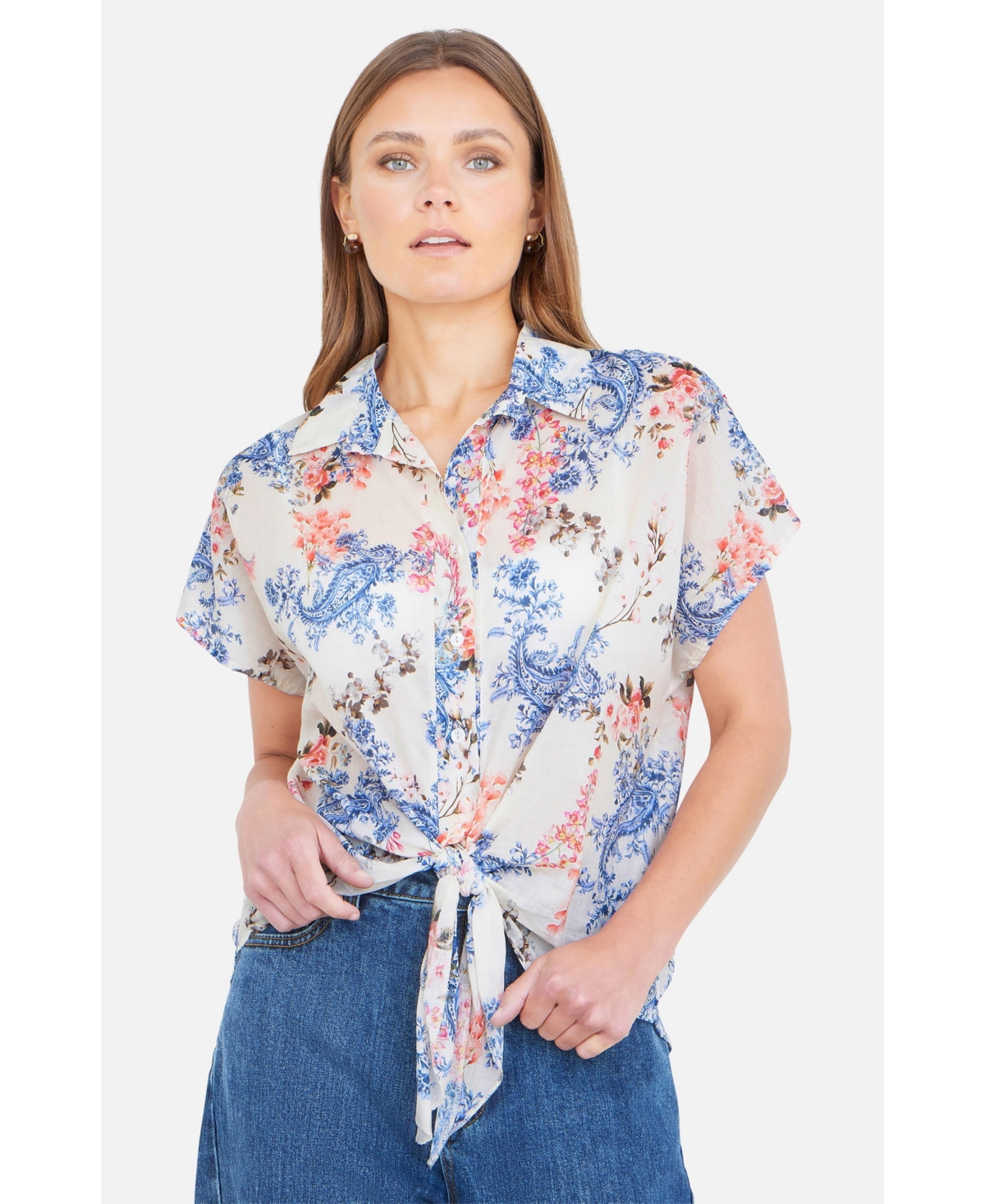 Click here for Yumi Womens Cotton Paisley Print Tie Knot Shirt -... prices