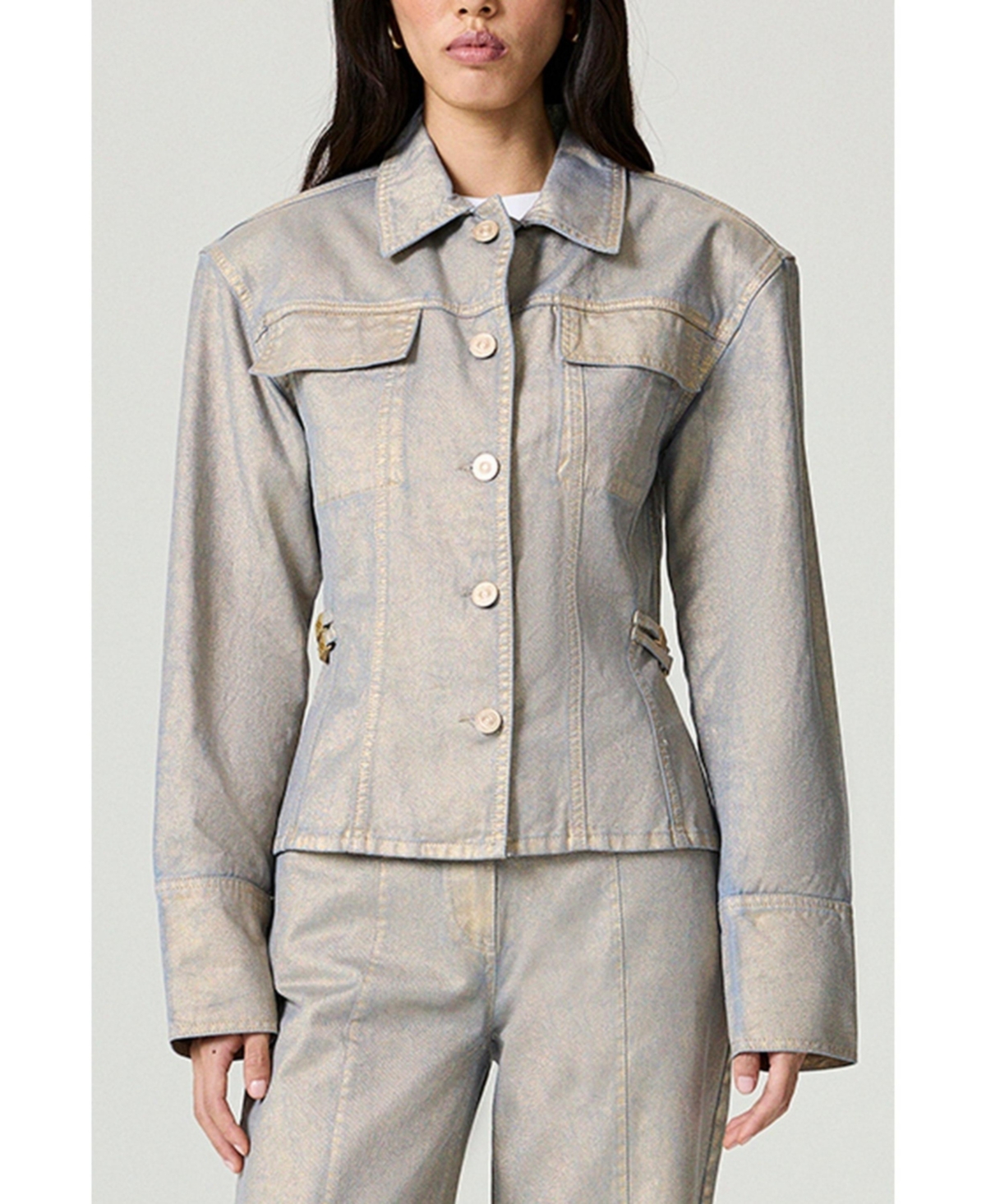 Click here for Nocturne Womens Metallic Denim Jacket - Gold prices