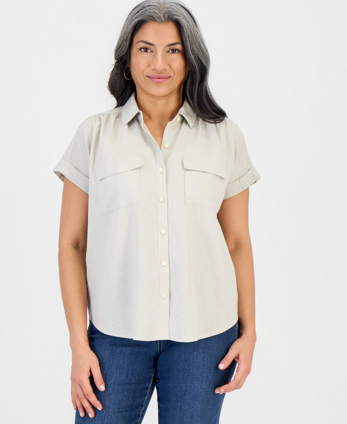 Click here for Style & Co Womens Cuffed Camp Shirt  Macys Exclusi... prices