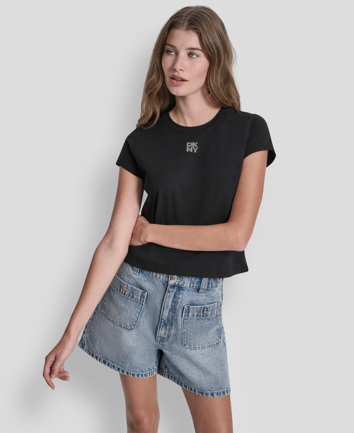 Click here for Dkny Jeans Womens Rhinestone Logo Crew Neck Baby T... prices