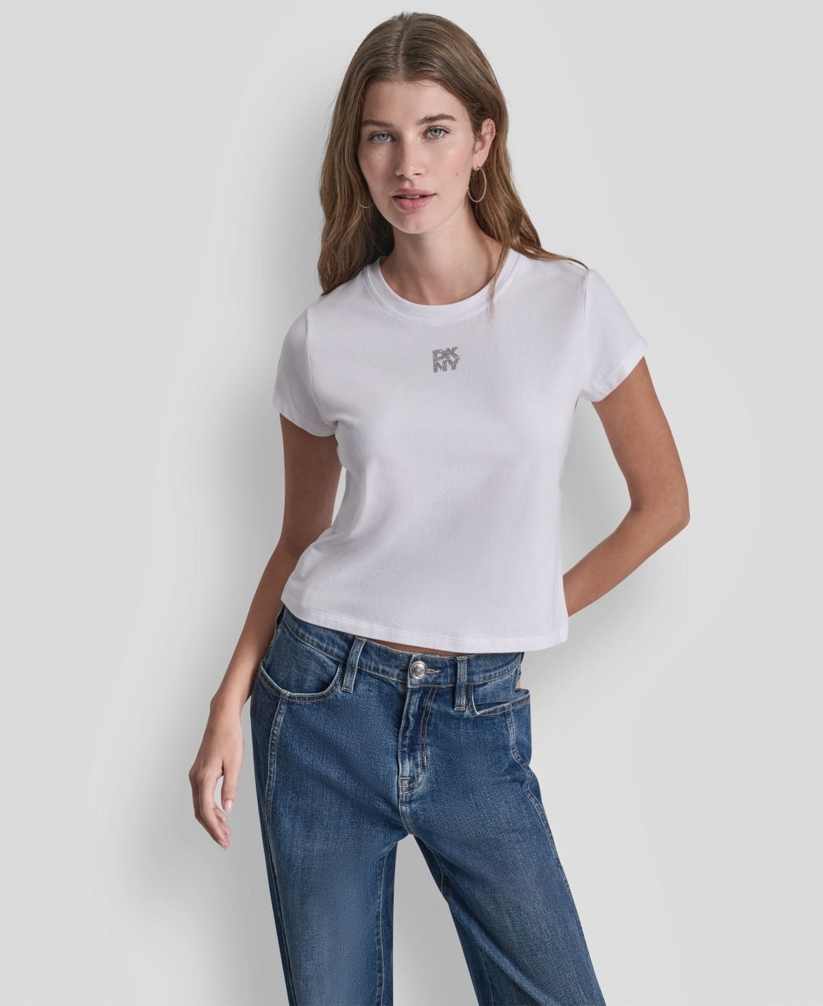Click here for Dkny Jeans Womens Rhinestone Logo Crew Neck Baby T... prices