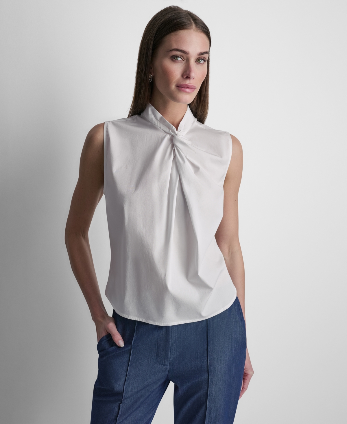 Click here for Dkny Womens Sleeveless Neck Detail Poplin Top - Wh... prices