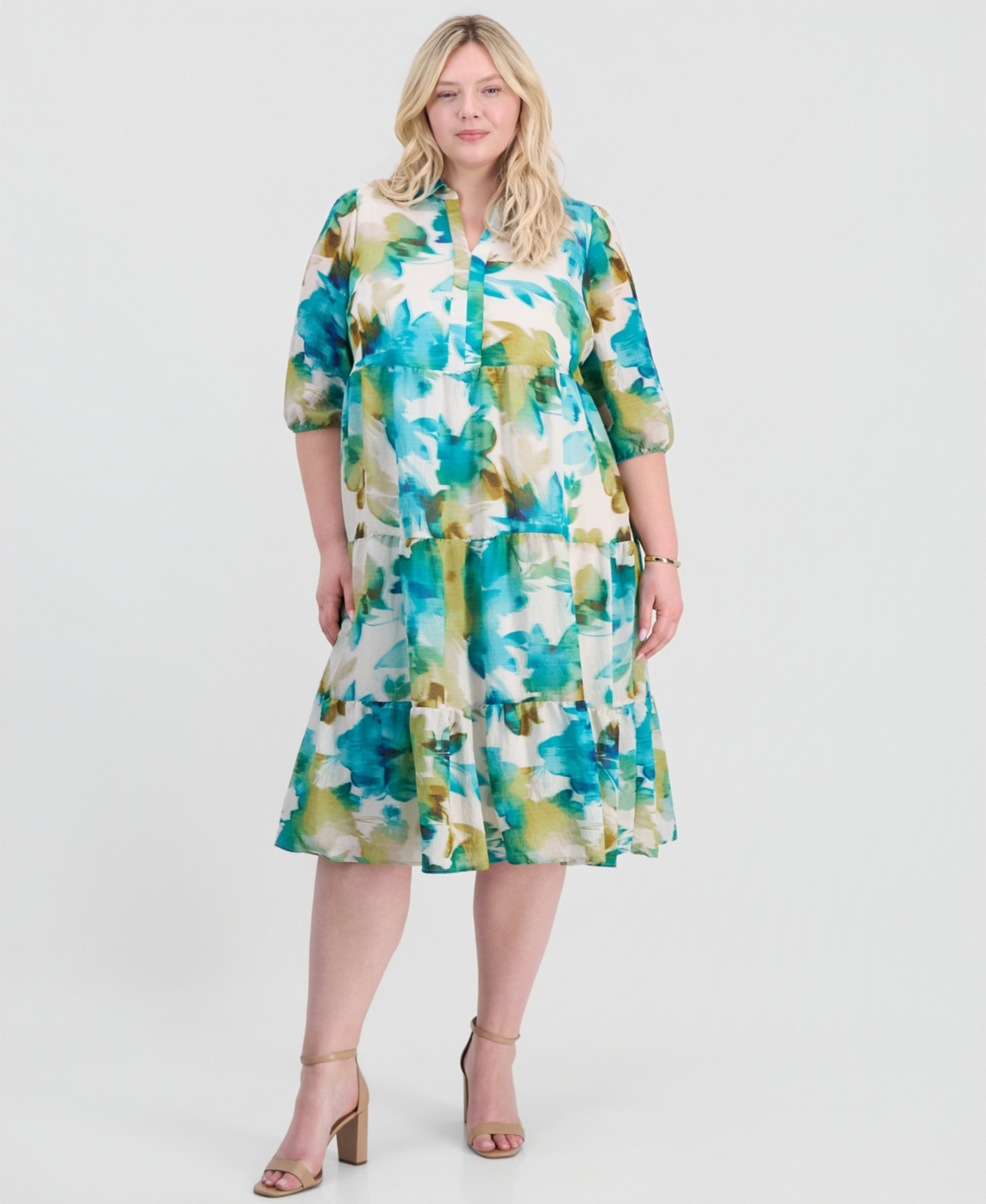 Click here for Sandra Darren Plus Size Linen Split-Neck Midi Dres... prices