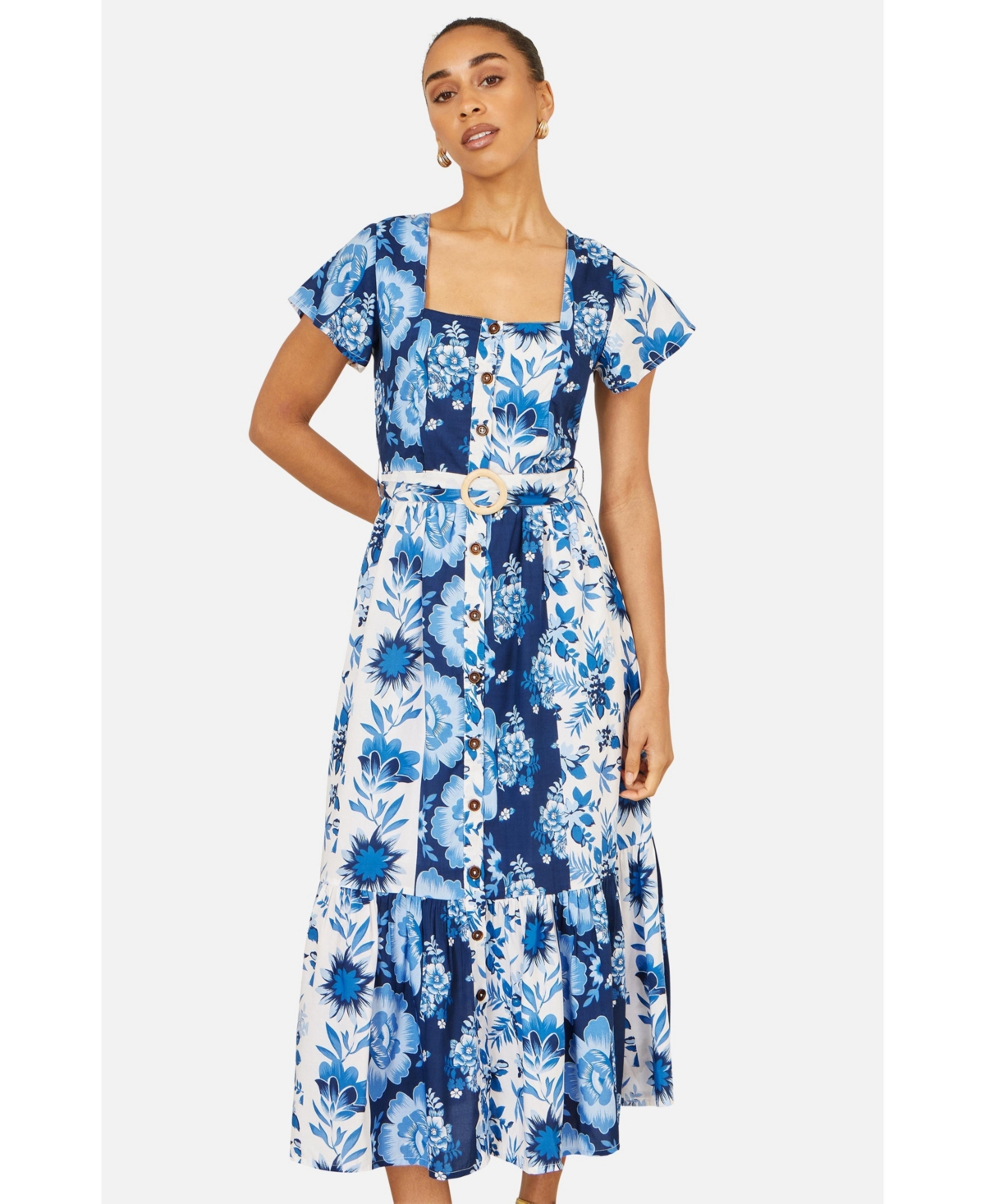 Click here for Yumi Womens Floral Belted Midi Dress - Blue prices