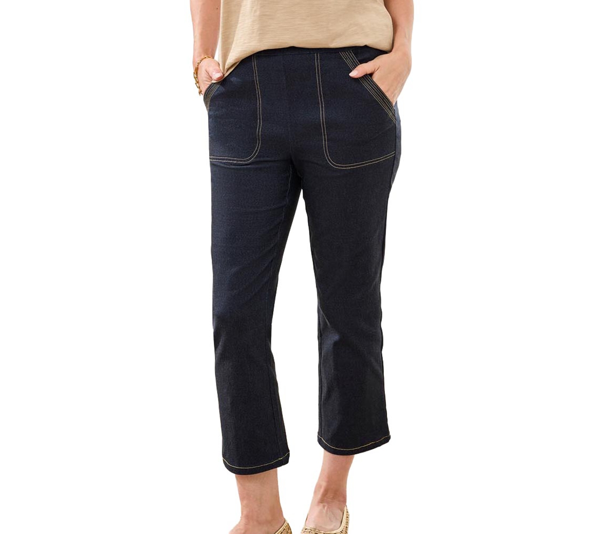 Click here for Tribal Womens Denim-Look Bengaline Kick Flare Capr... prices