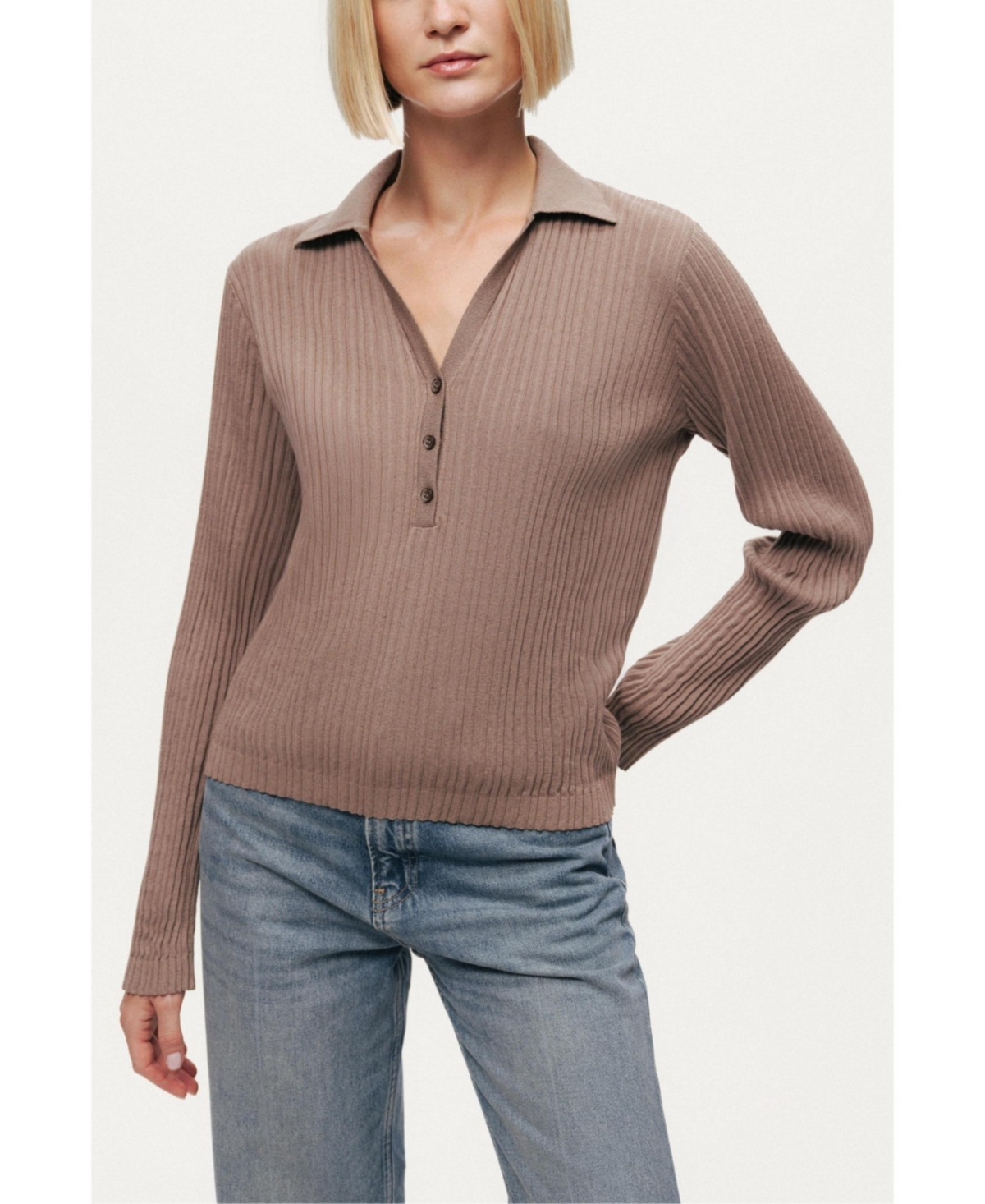 Click here for Nocturne Womens Ribbed Polo Sweater - Mink prices