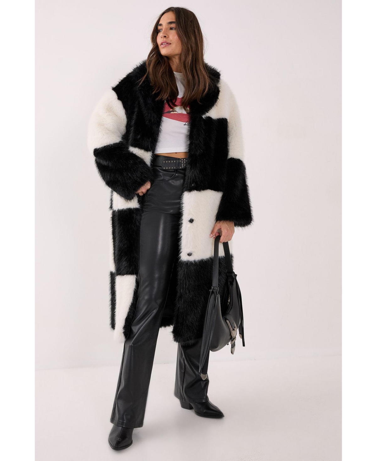 Click here for Nasty Gal Womens Mono Check Faux Fur Coat - Mono prices