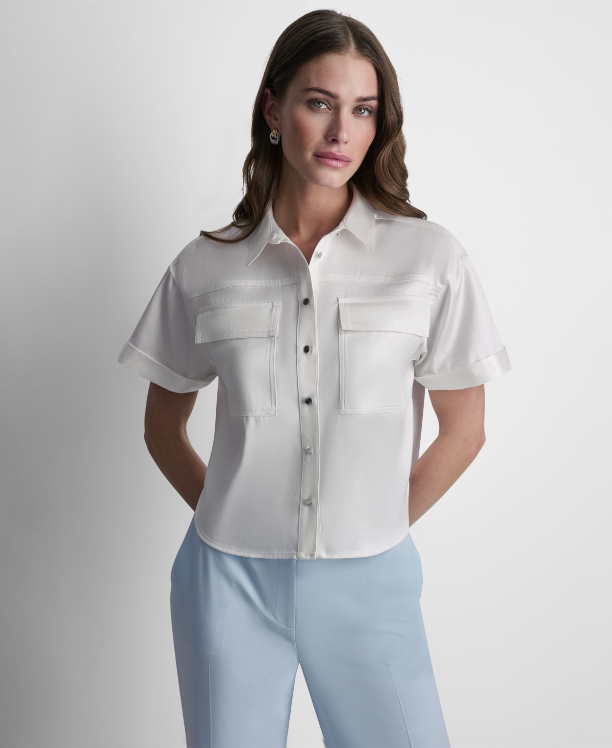Click here for Dkny Petite Crinkle Short-Sleeve Camp Shirt - Ivor... prices