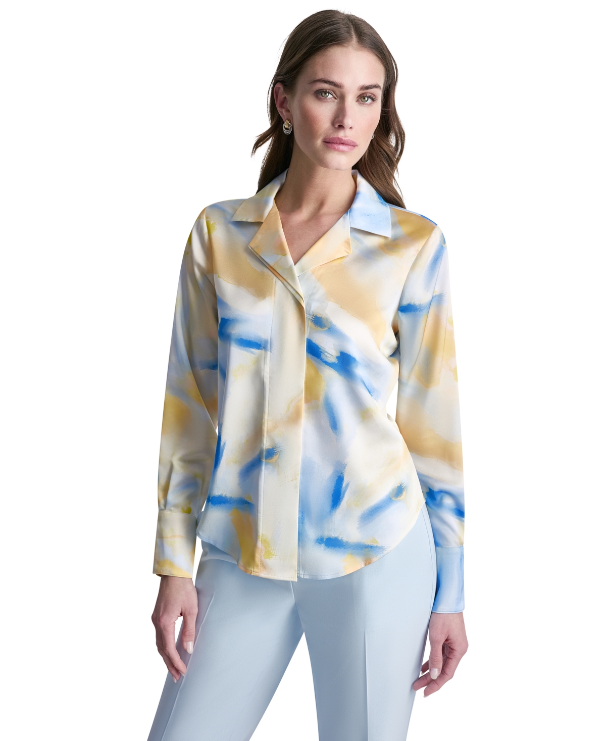 Click here for Dkny Petite Printed Long-Sleeve Blouse - Butter Cr... prices