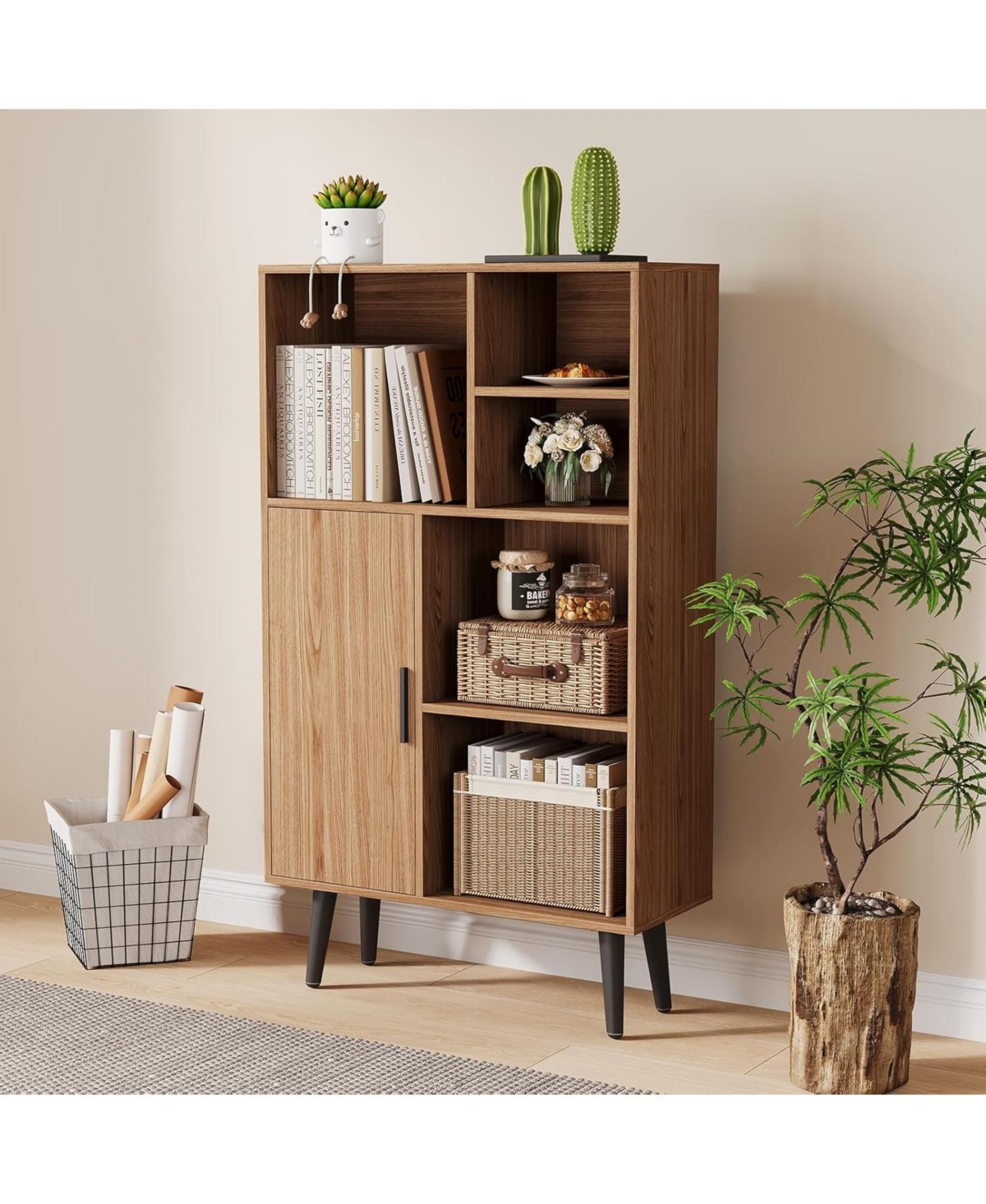 Click here for Gaomon 4-Tier Mid-Century Walnut Bookcase with Doo... prices