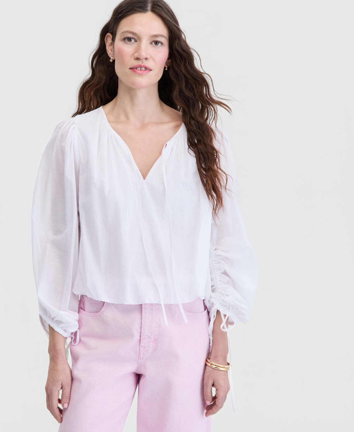 Click here for On 34th Womens Cotton Solid Tie-Front Volume-Sleev... prices