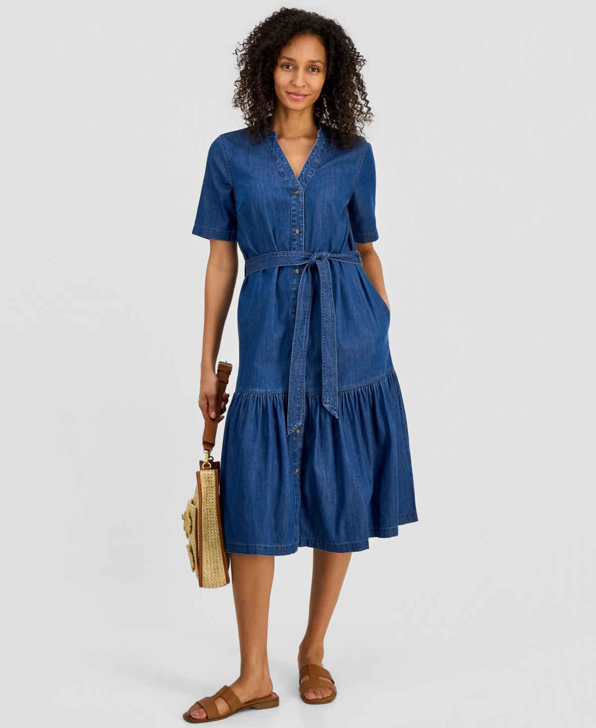 Click here for Style & Co Womens Denim Midi Tiered Dress  Macys E... prices