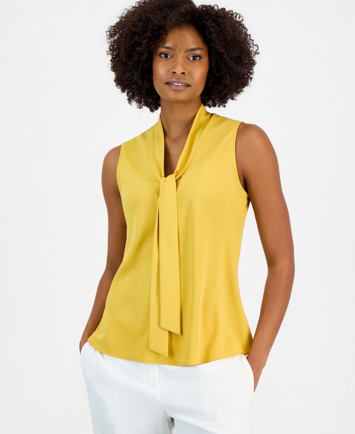 Click here for Kasper Womens Sleeveless Tie-Neck Top - Butterscot... prices