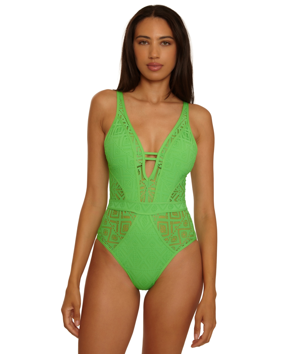 Click here for Becca Womens Color Play Crochet Plunge One-Piece S... prices