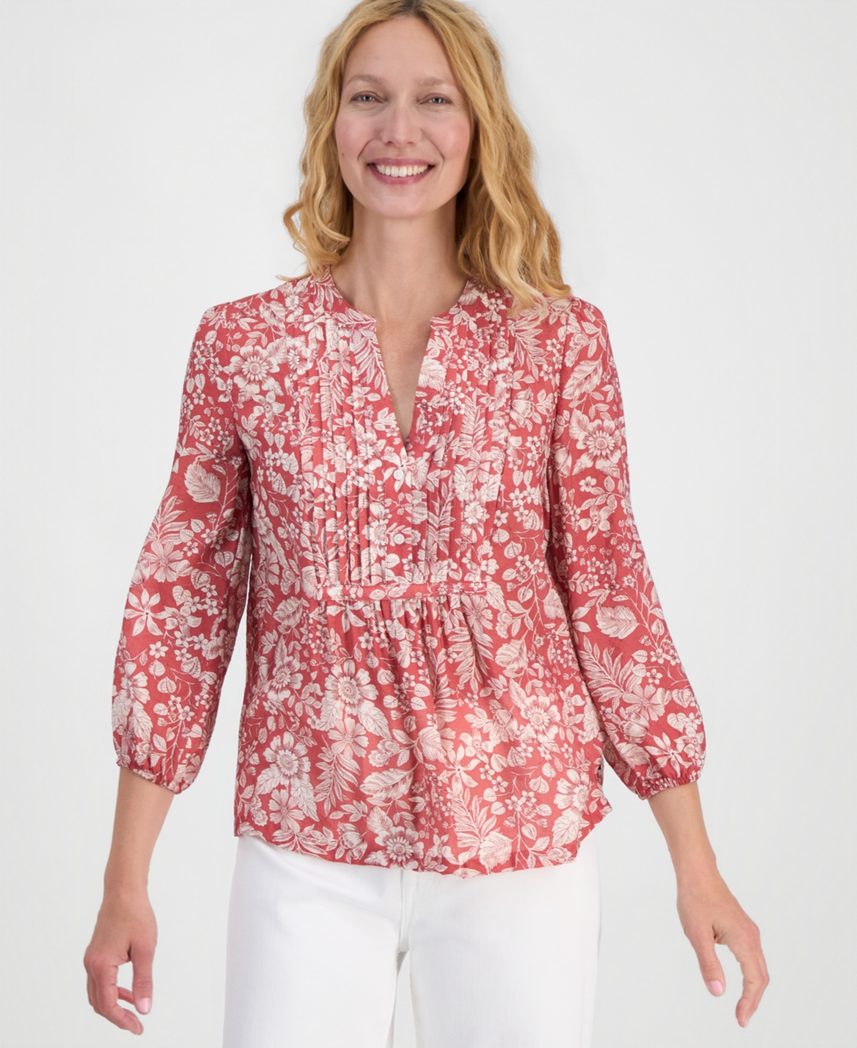 Click here for Nautica Womens Floral Pintuck Blouse - Mineral Red... prices