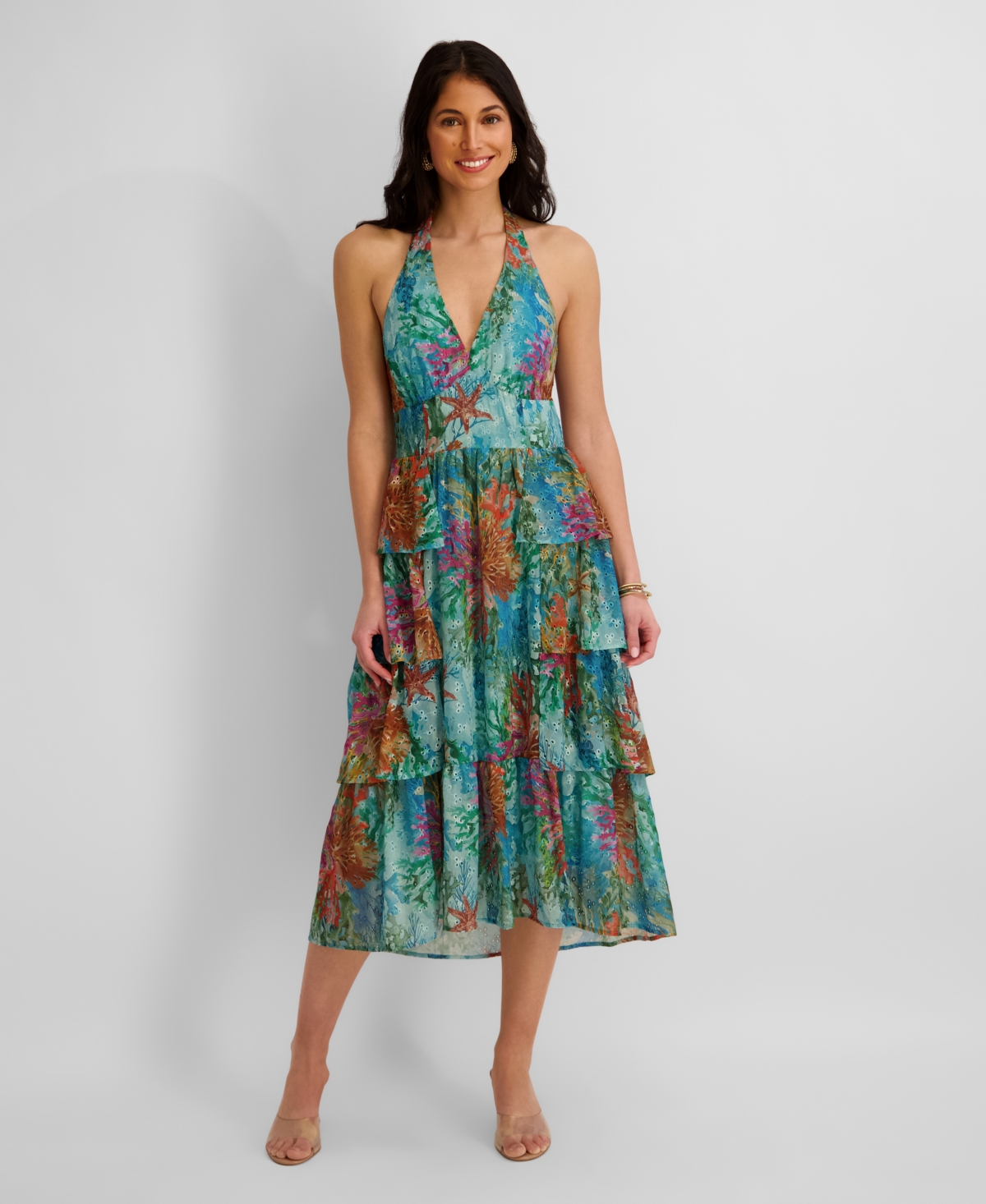 Click here for Siena Womens Printed Eyelet Woven Midi Dress - AQU... prices