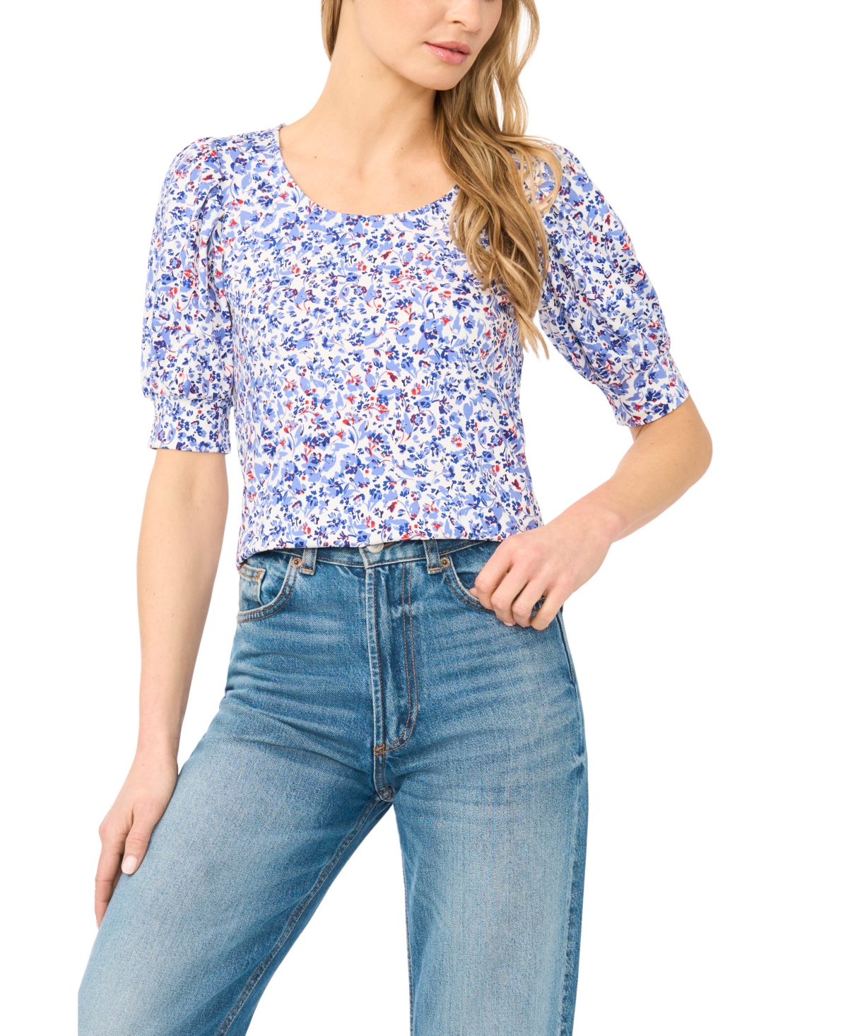Click here for CeCe Womens Shirred Short-Sleeve Top - Blue Allure prices