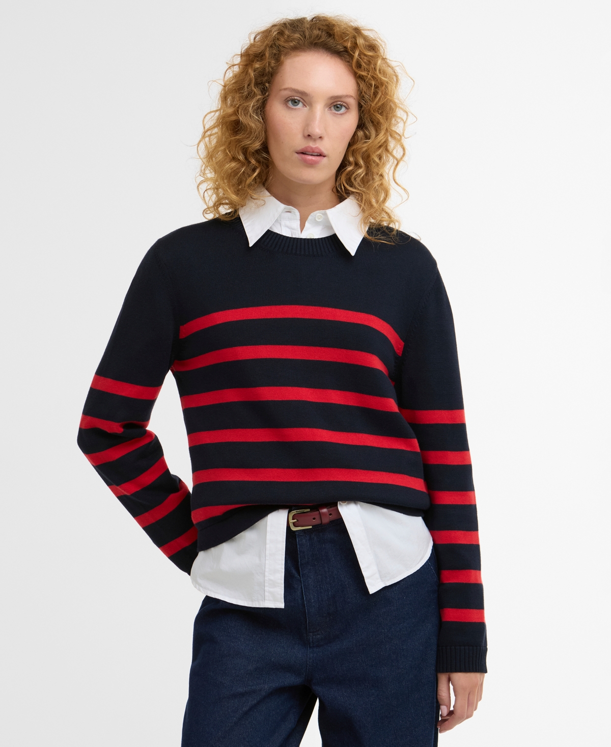 Click here for Barbour Womens Fern Knitted Stripe Jumper - Navy/p... prices