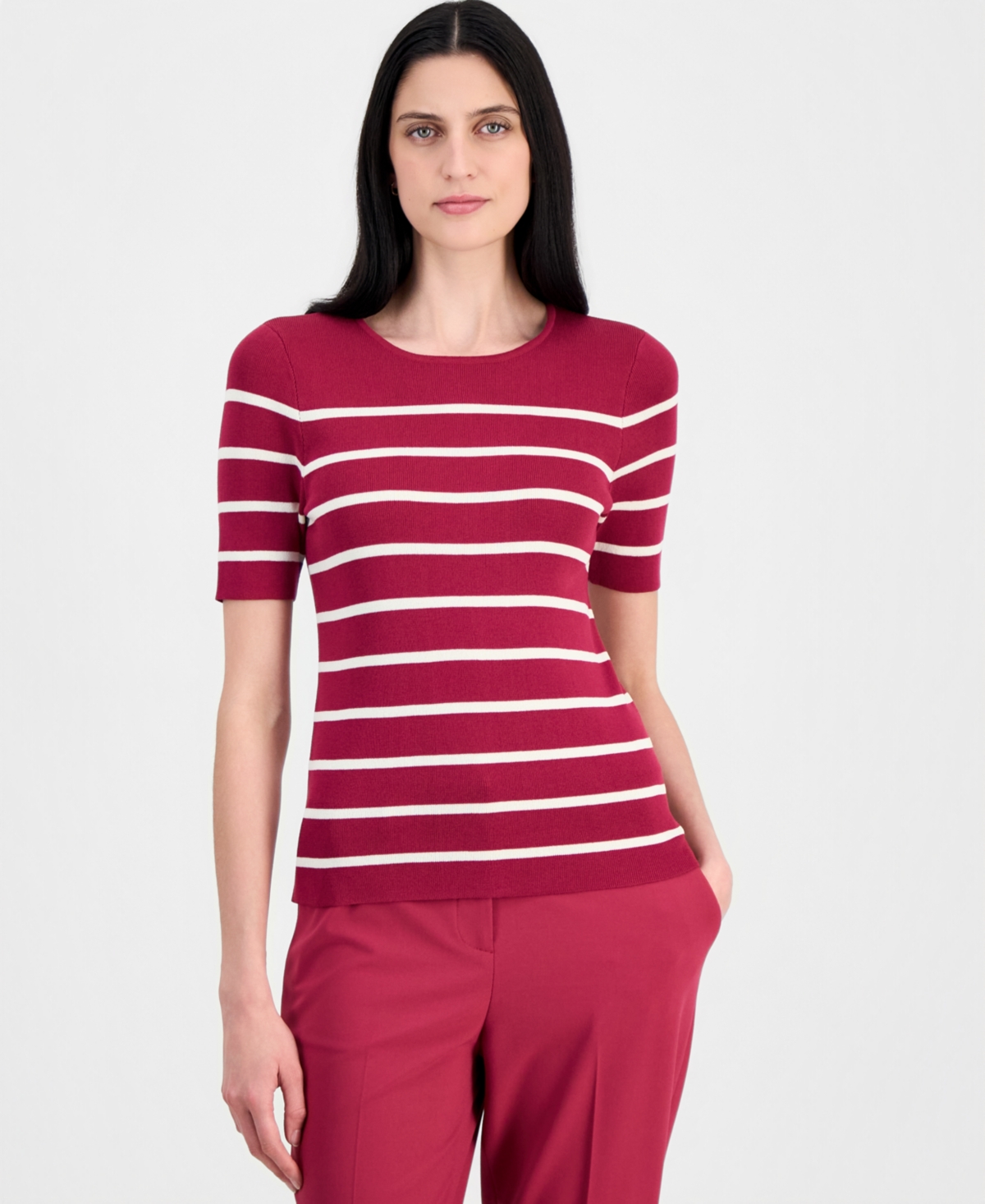 Click here for Tahari Asl Womens Striped Short-Sleeve Sweater Tee... prices