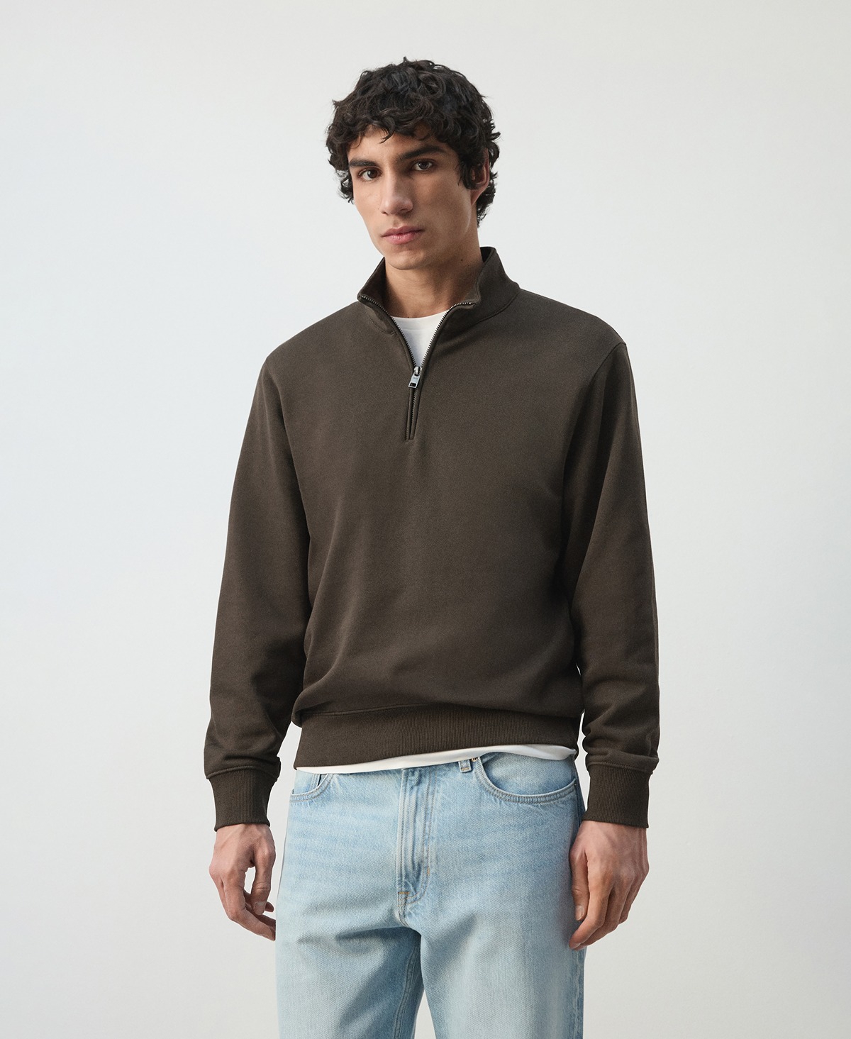 Click here for Mango Mens Cotton Zip-Neck Sweatshirt - Chocolate prices