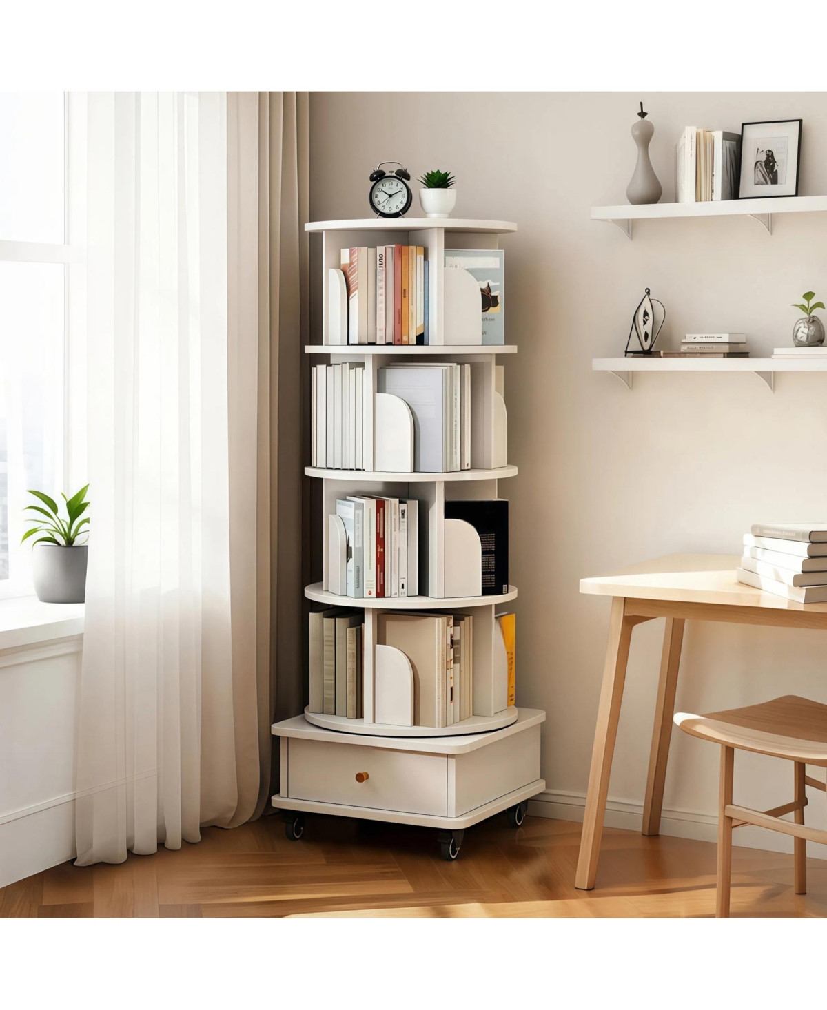 Click here for Rainsken 5 Tier Rotating Bookshelf with Drawers On... prices