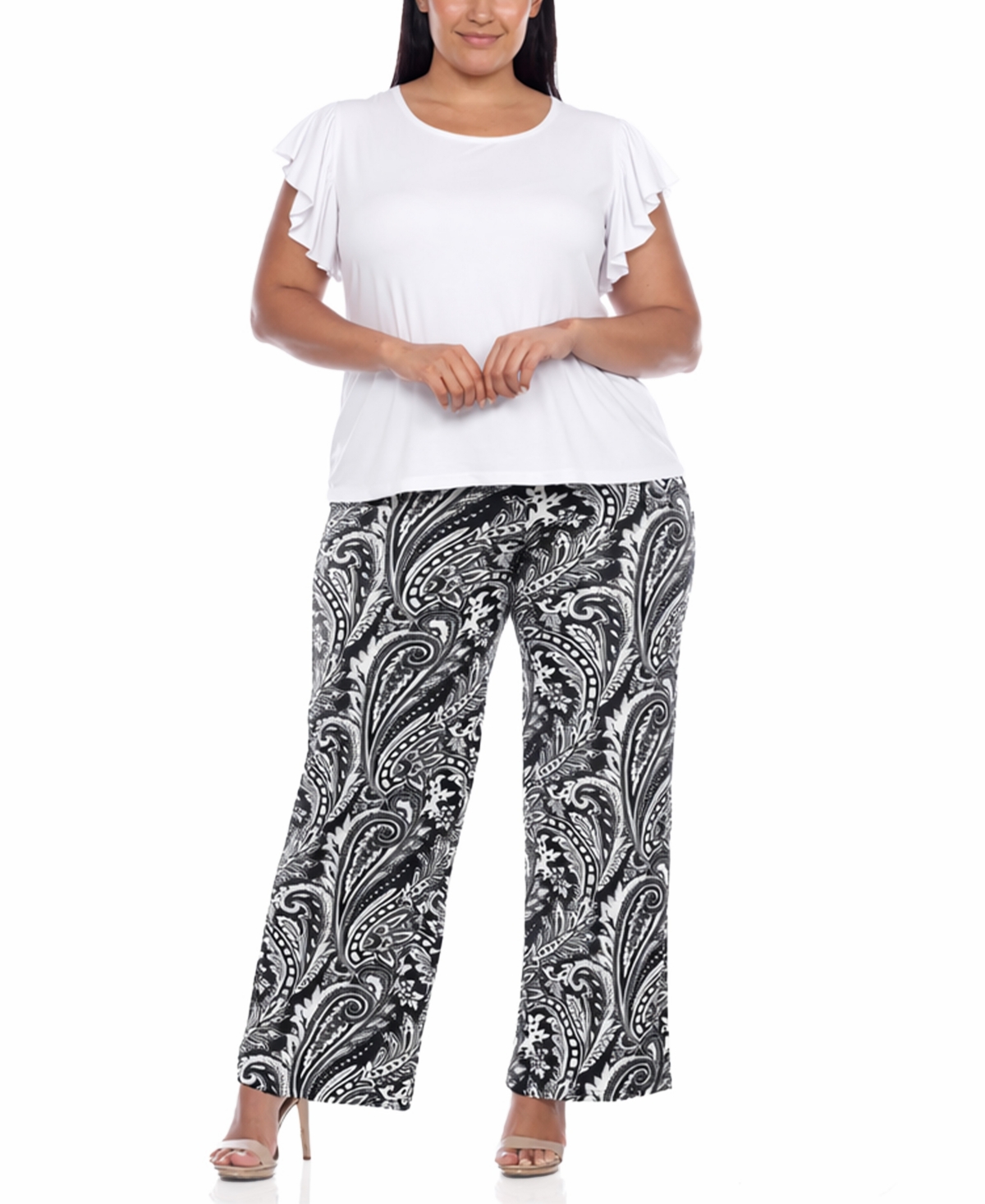 Click here for White Mark Plus Size Ruffle-Sleeve Top Printed Pan... prices