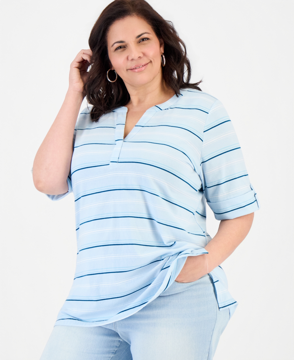Click here for Style & Co Plus Size Printed Roll-Tab Split-Neck E... prices
