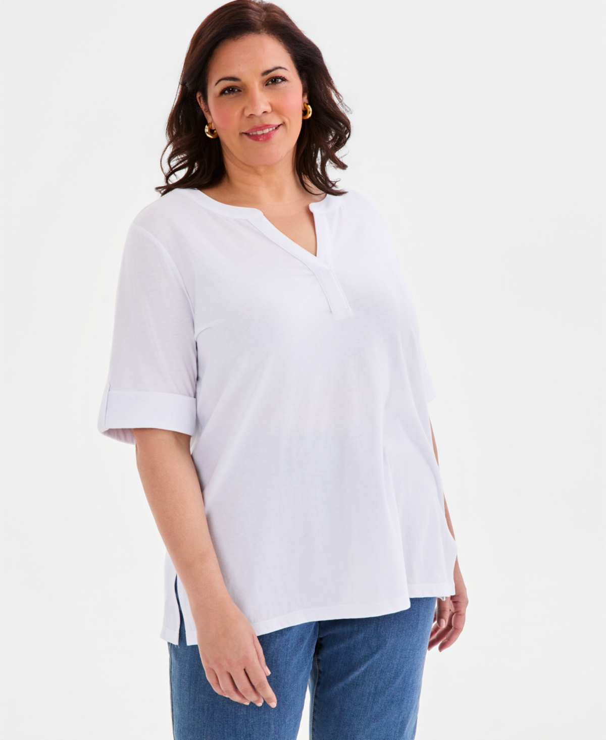 Click here for Style & Co Plus Size Roll-Tab Elbow-Sleeve T-Shirt... prices