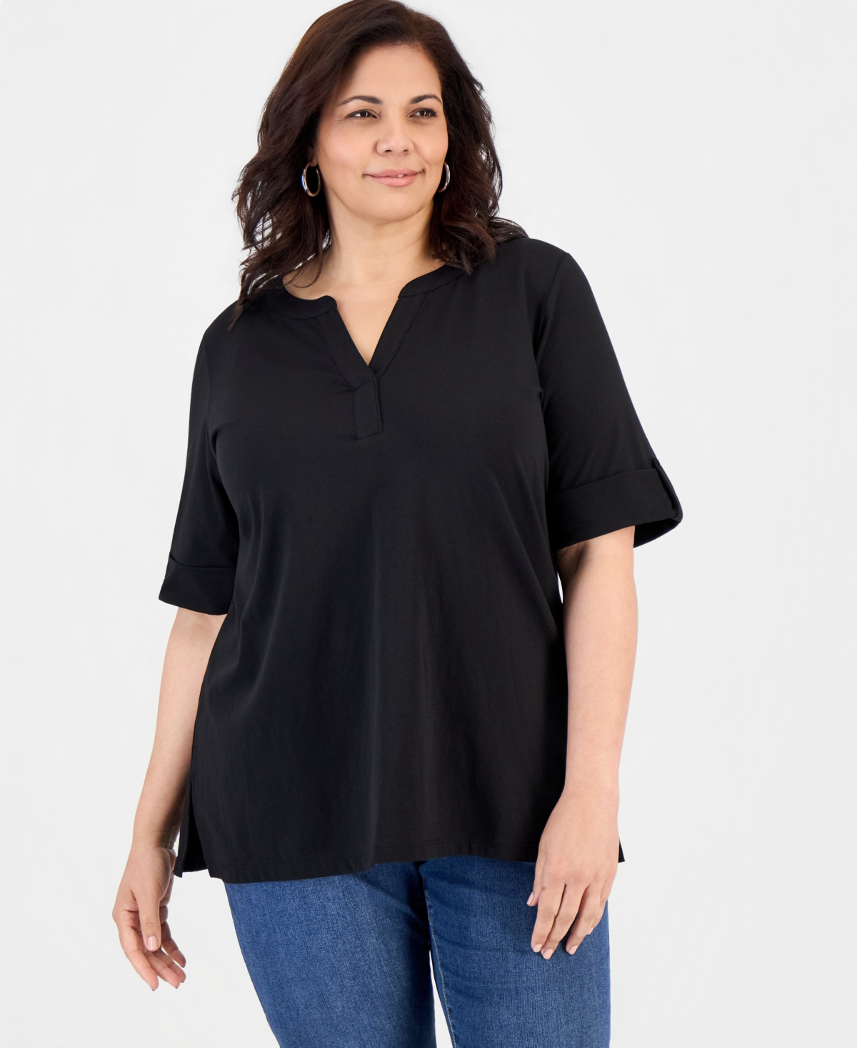 Click here for Style & Co Plus Size Roll-Tab Elbow-Sleeve T-Shirt... prices