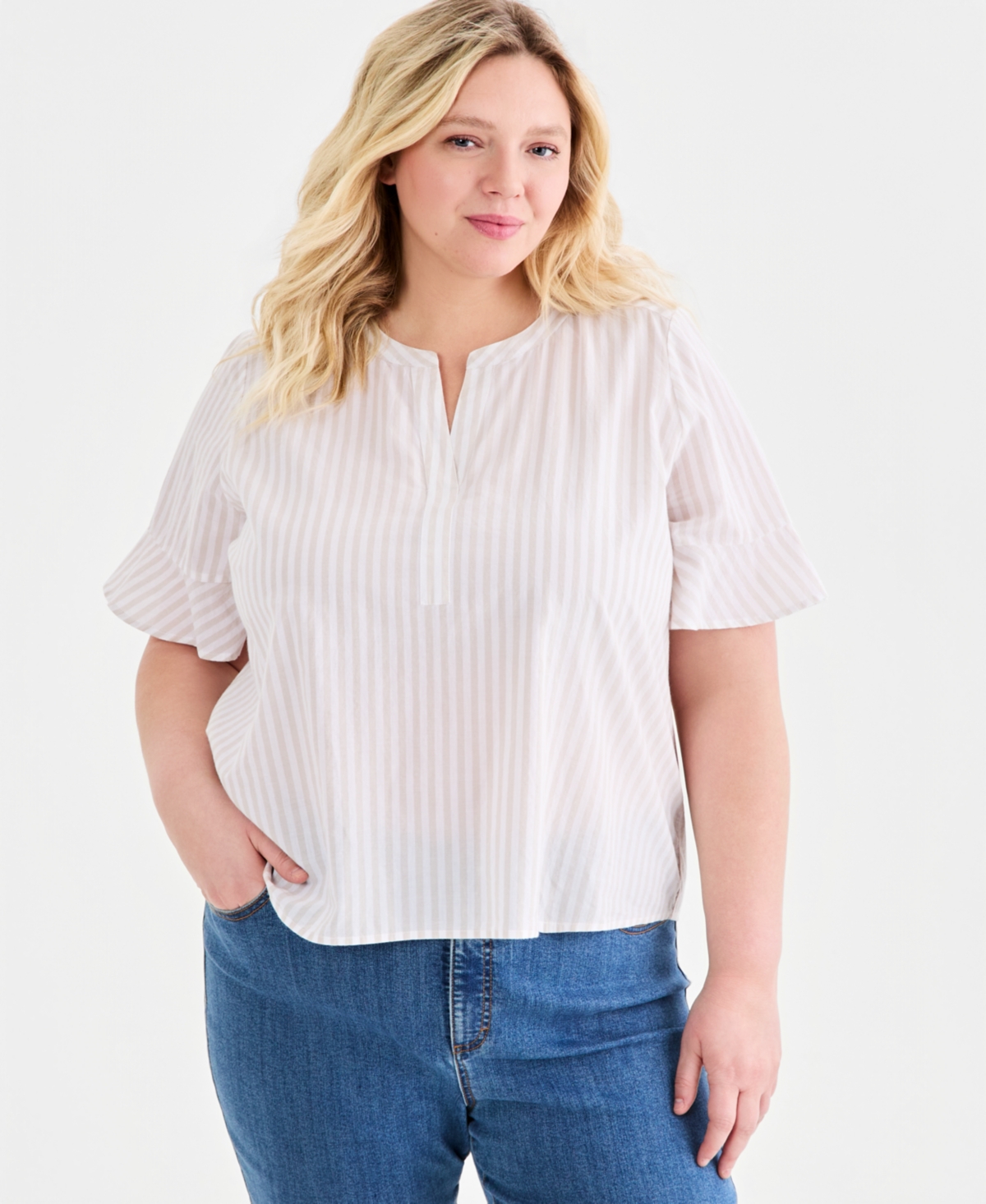 Click here for Style & Co Plus Size Flared-Cuff Split-Neck Top  M... prices