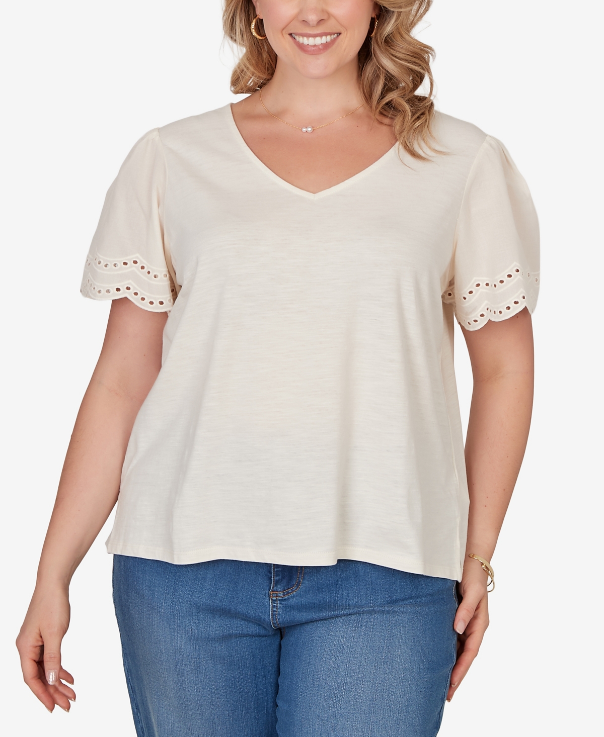Click here for Ruby Rd. Plus Size Eyelet Poplin Sleeve Slub Knit... prices