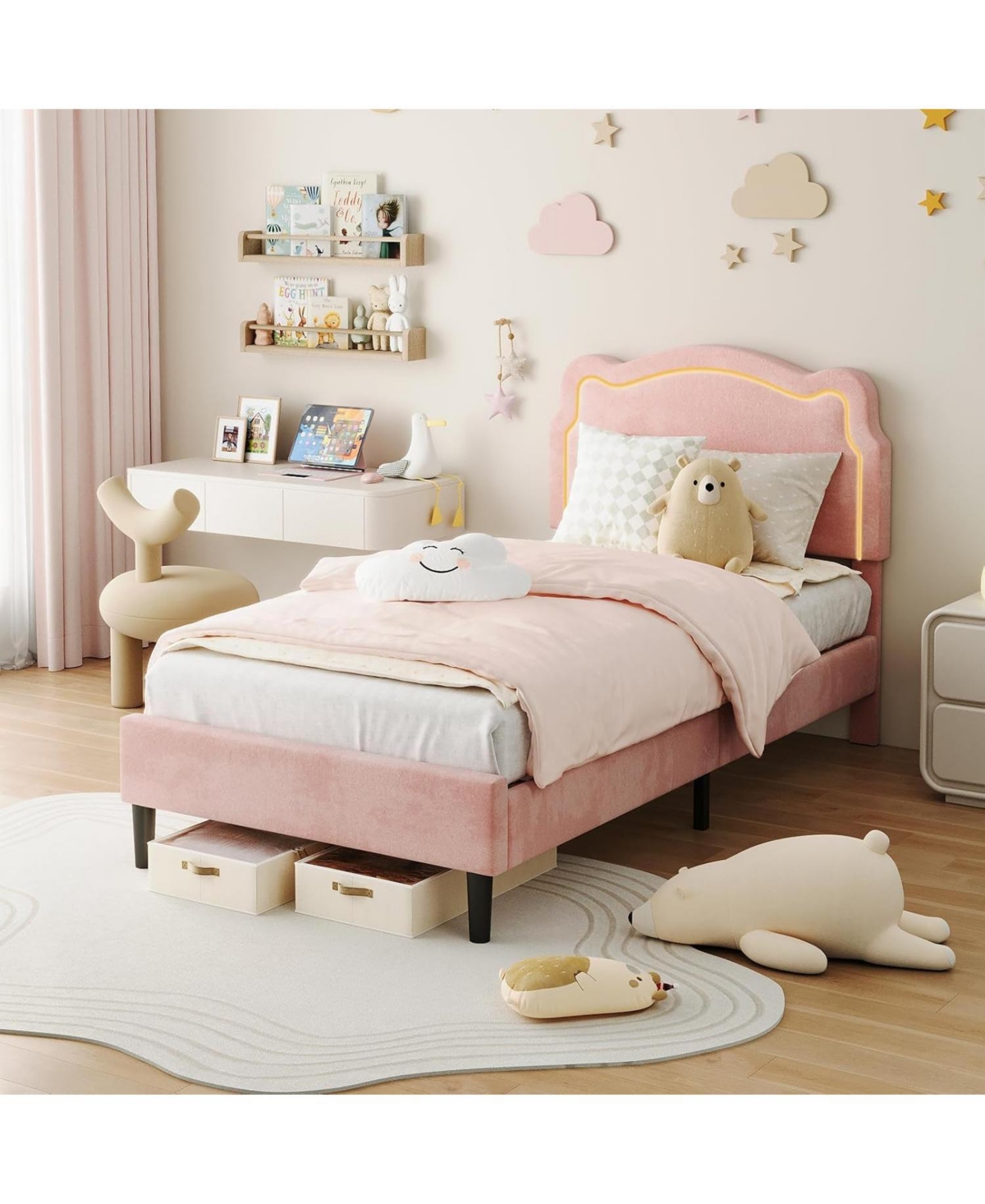 Click here for gaomon Bed Frame Pink Velvet Adjustable Bear Headb... prices