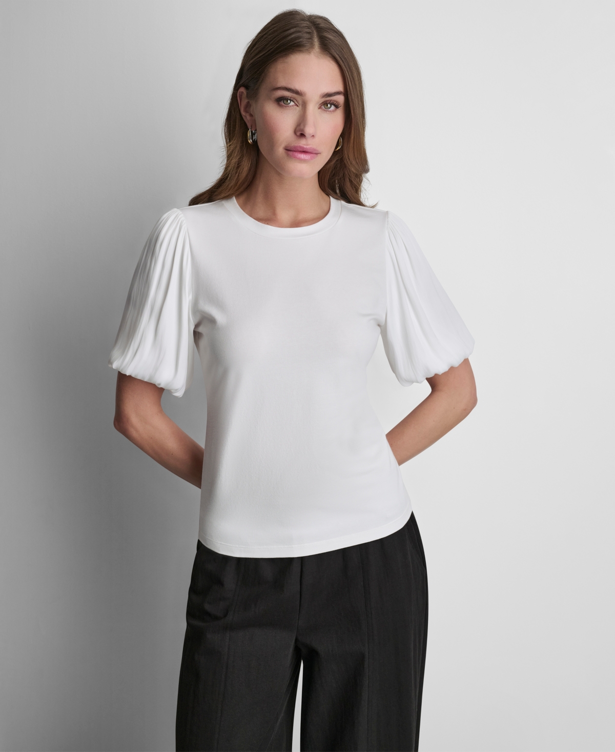 Click here for Dkny Womens Puffed Crewneck Mix Media Knit Top - W... prices