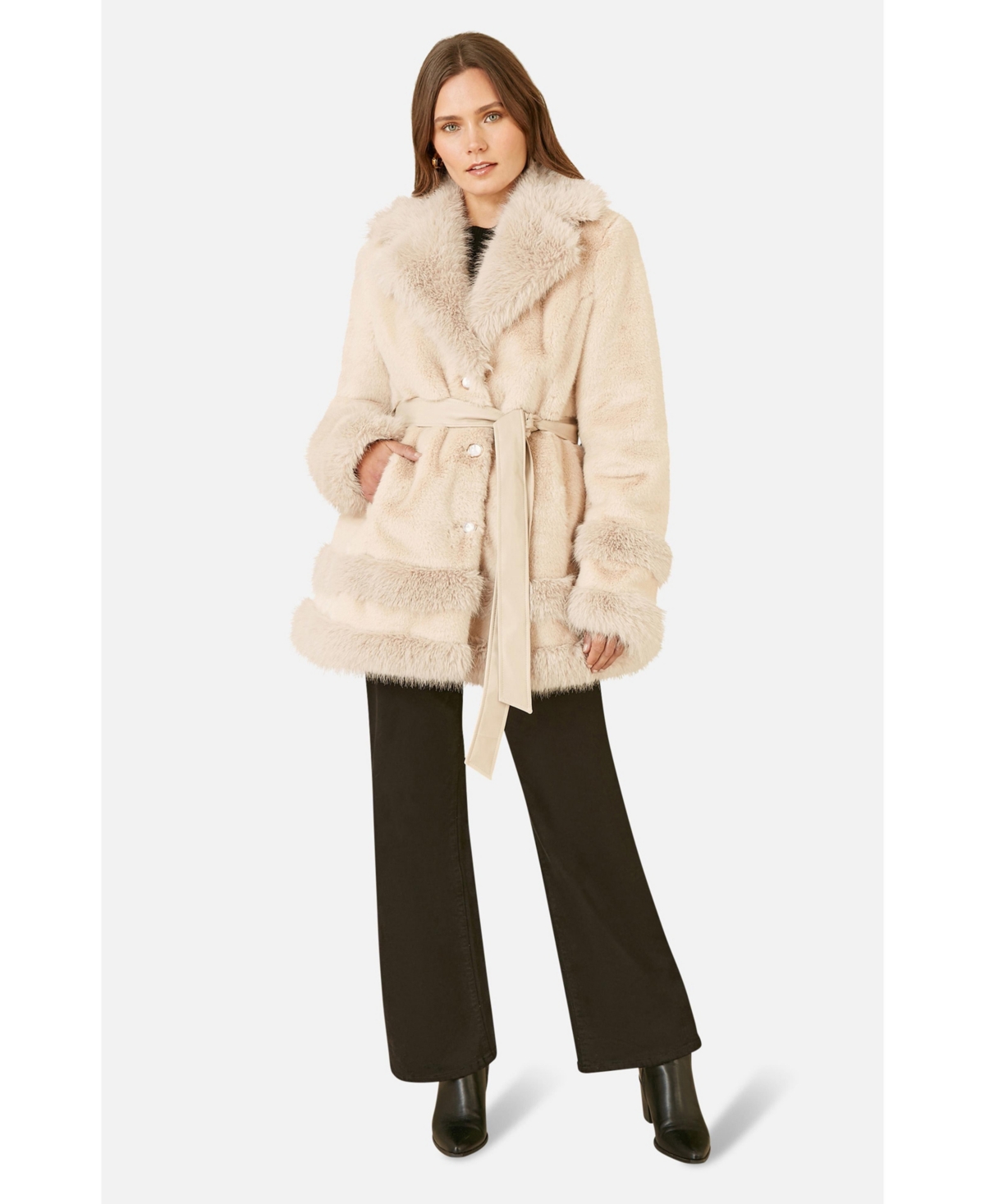 Click here for Yumi Womens Luxe Faux Fur Tie Belt Swing Coat - Cr... prices