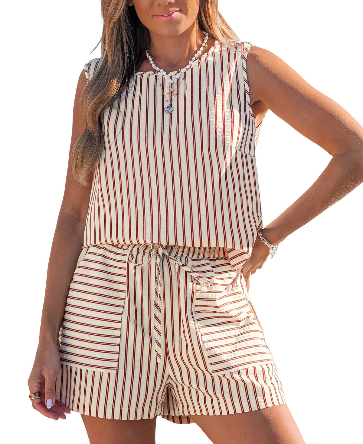 Click here for Cupshe Womens Crew Neck Unlined Short Set - Brown prices