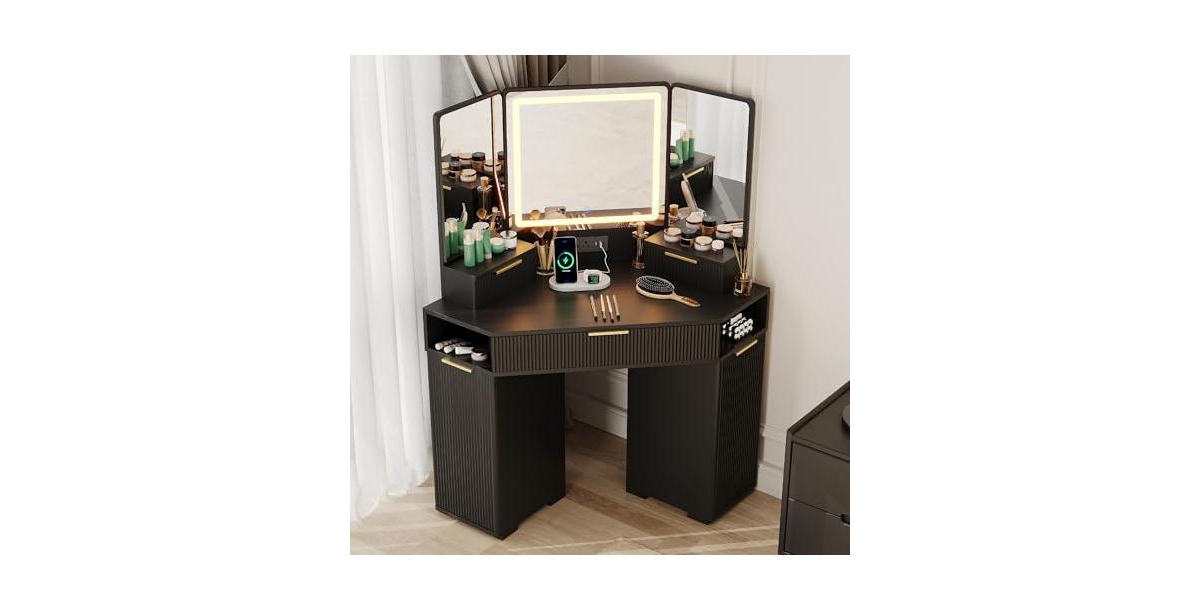Click here for gaomon Fluted Wood Corner Vanity Desk with Lighted... prices