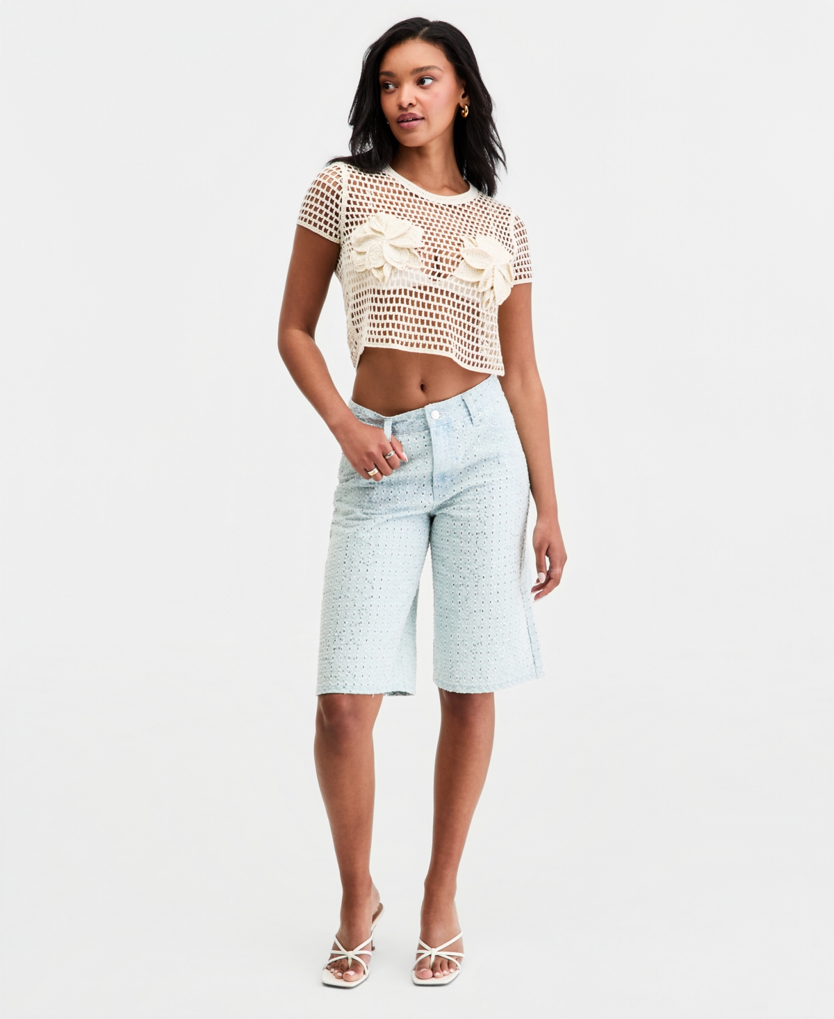 Click here for Bar Iii Womens Sequin Destructed Denim Bermuda Sho... prices