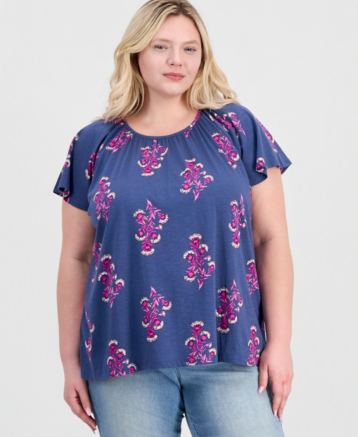 Click here for Style & Co Plus Size Printed Flutter-Sleeve Knit T... prices