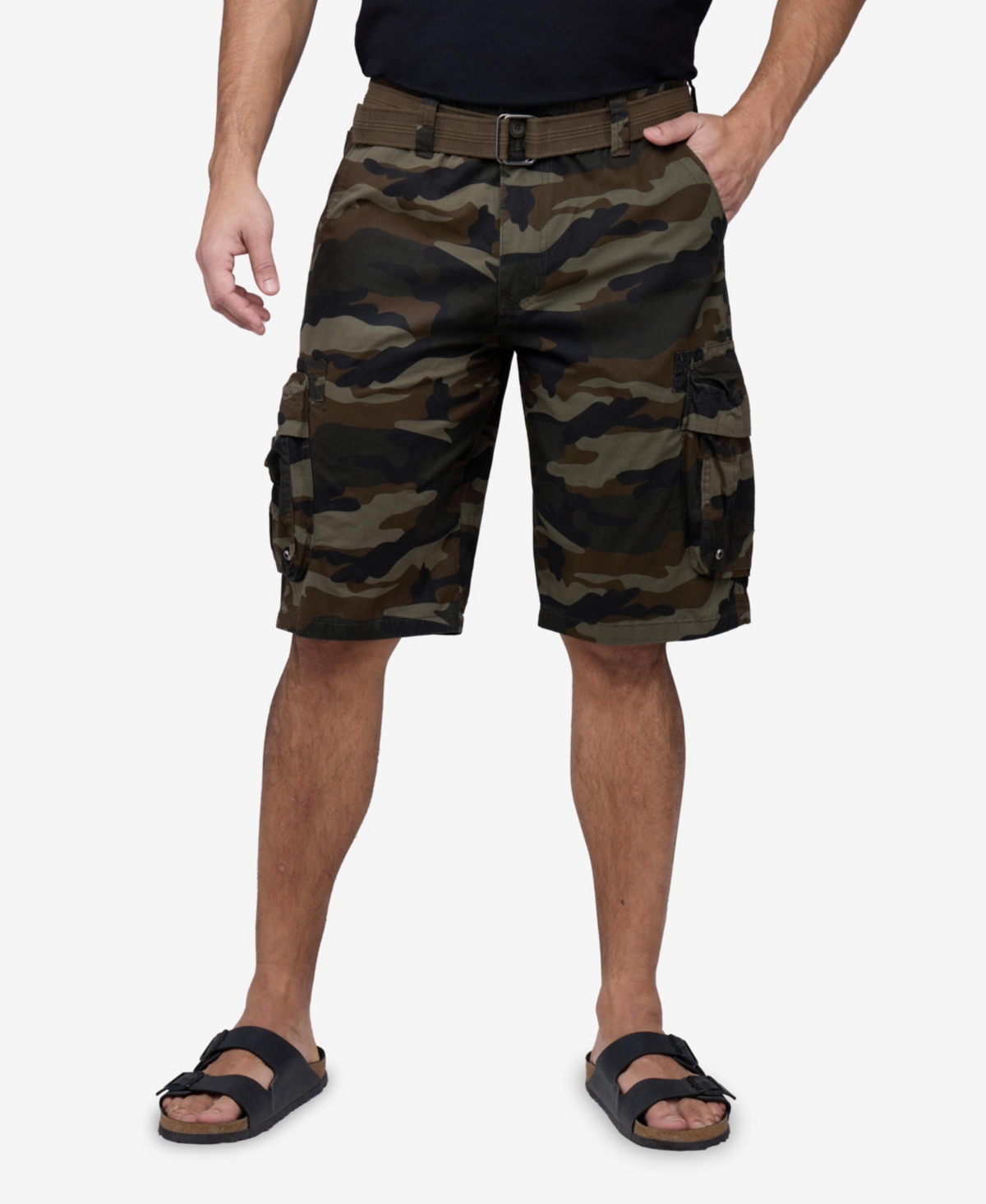 Click here for Mens Belted Double Pocket Cargo Shorts - Olive cam... prices