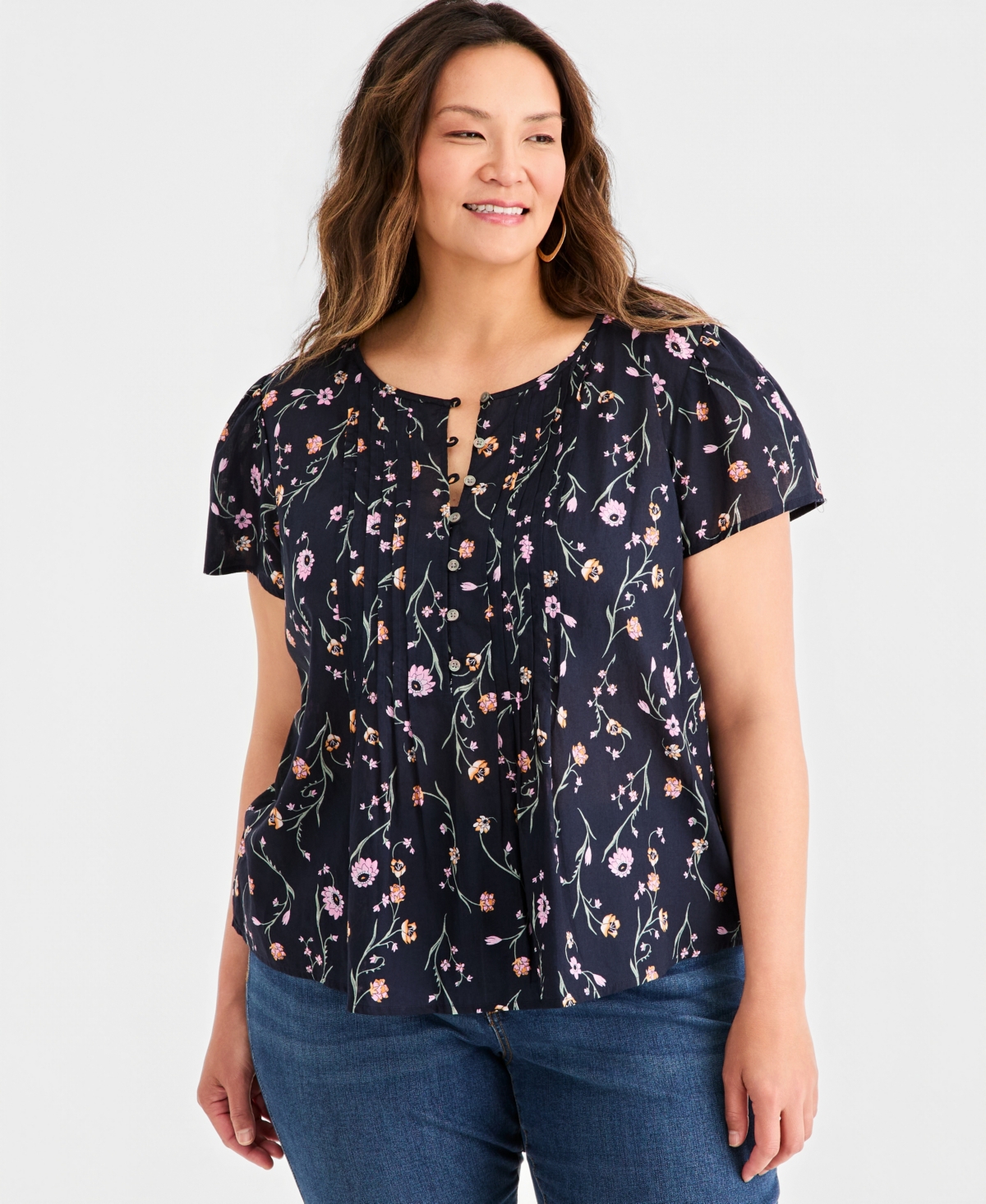 Click here for Style & Co Plus Size Cotton Printed Pleat-Front To... prices