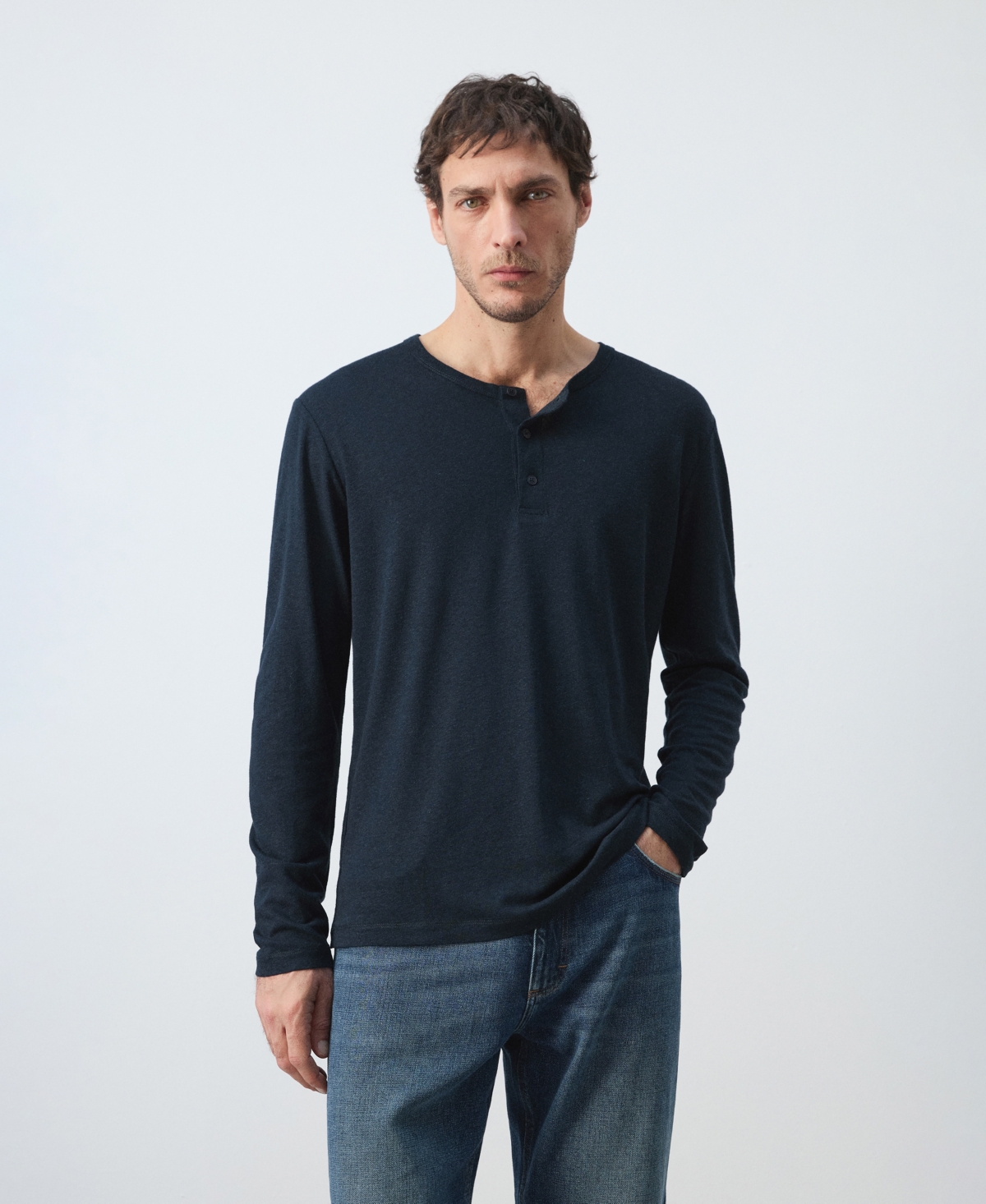 Click here for Mango Mens Henley Linen-Blend T-Shirt - Navy prices
