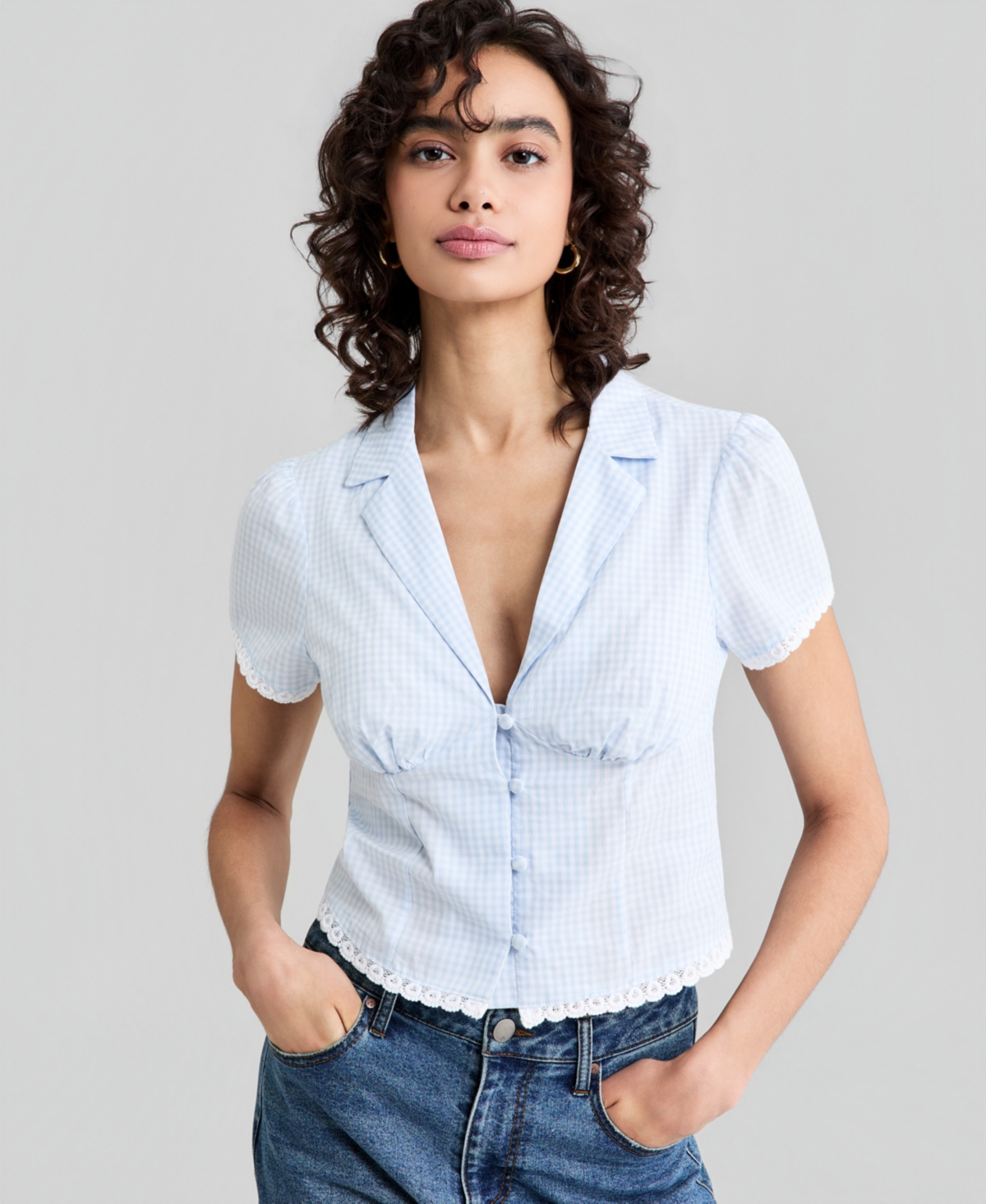 Click here for And Now This Womens Lace-Trim Fitted Cotton Gingha... prices