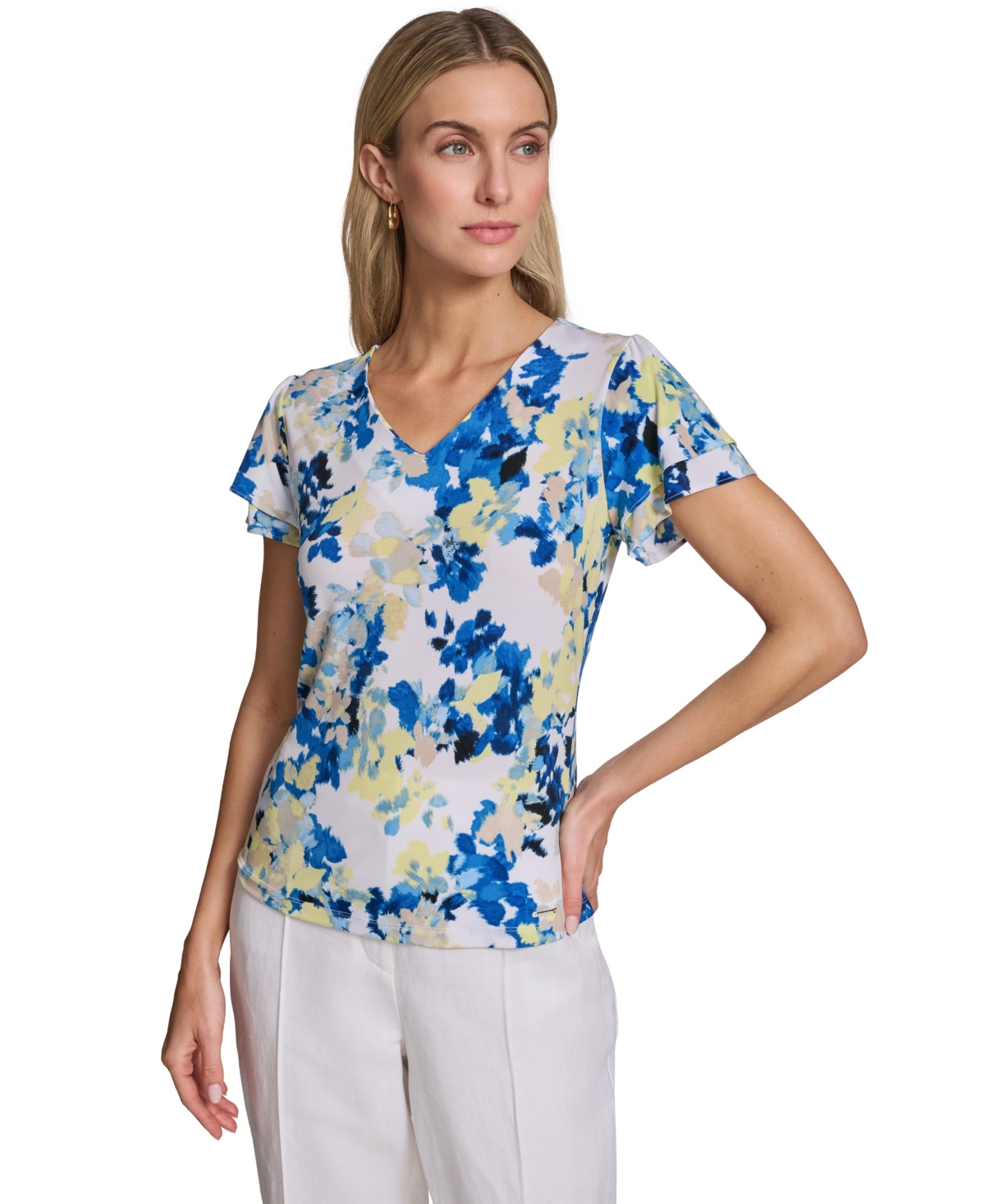 Click here for Calvin Klein Petite V-Neck Ruffle-Sleeve Top - Pea... prices