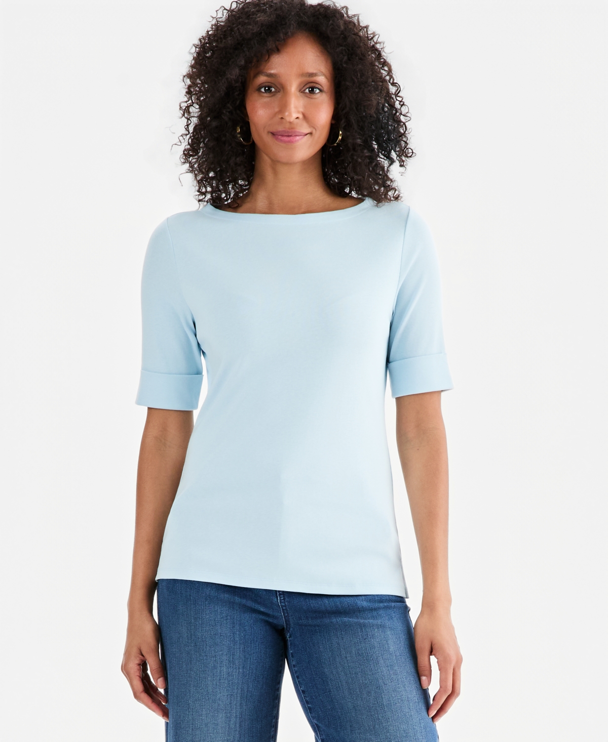 Click here for Style & Co Womens Boat-Neck Elbow Sleeve Cotton To... prices