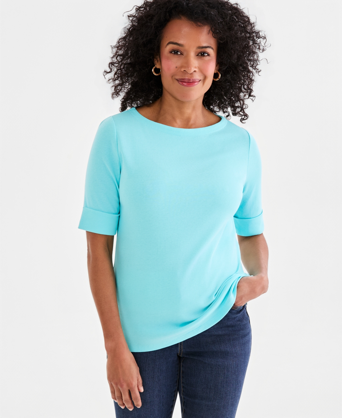 Click here for Style & Co Womens Boat-Neck Elbow Sleeve Cotton To... prices