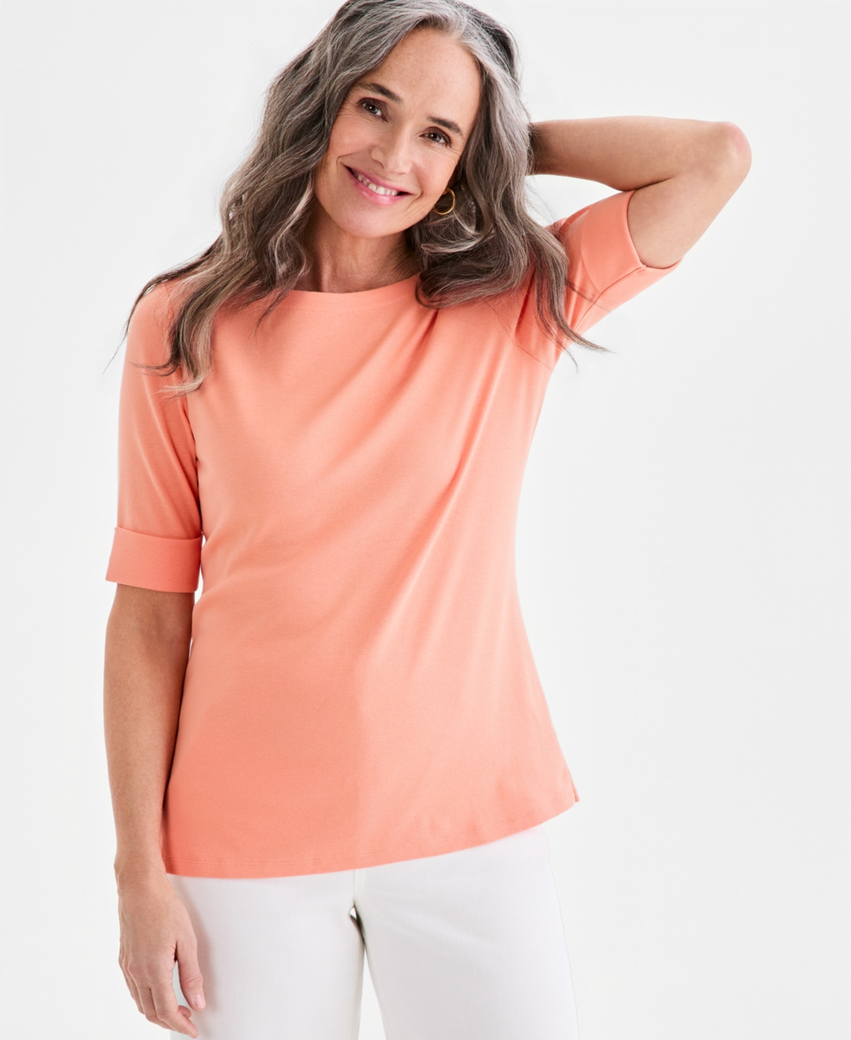 Click here for Style & Co Womens Boat-Neck Elbow Sleeve Cotton To... prices