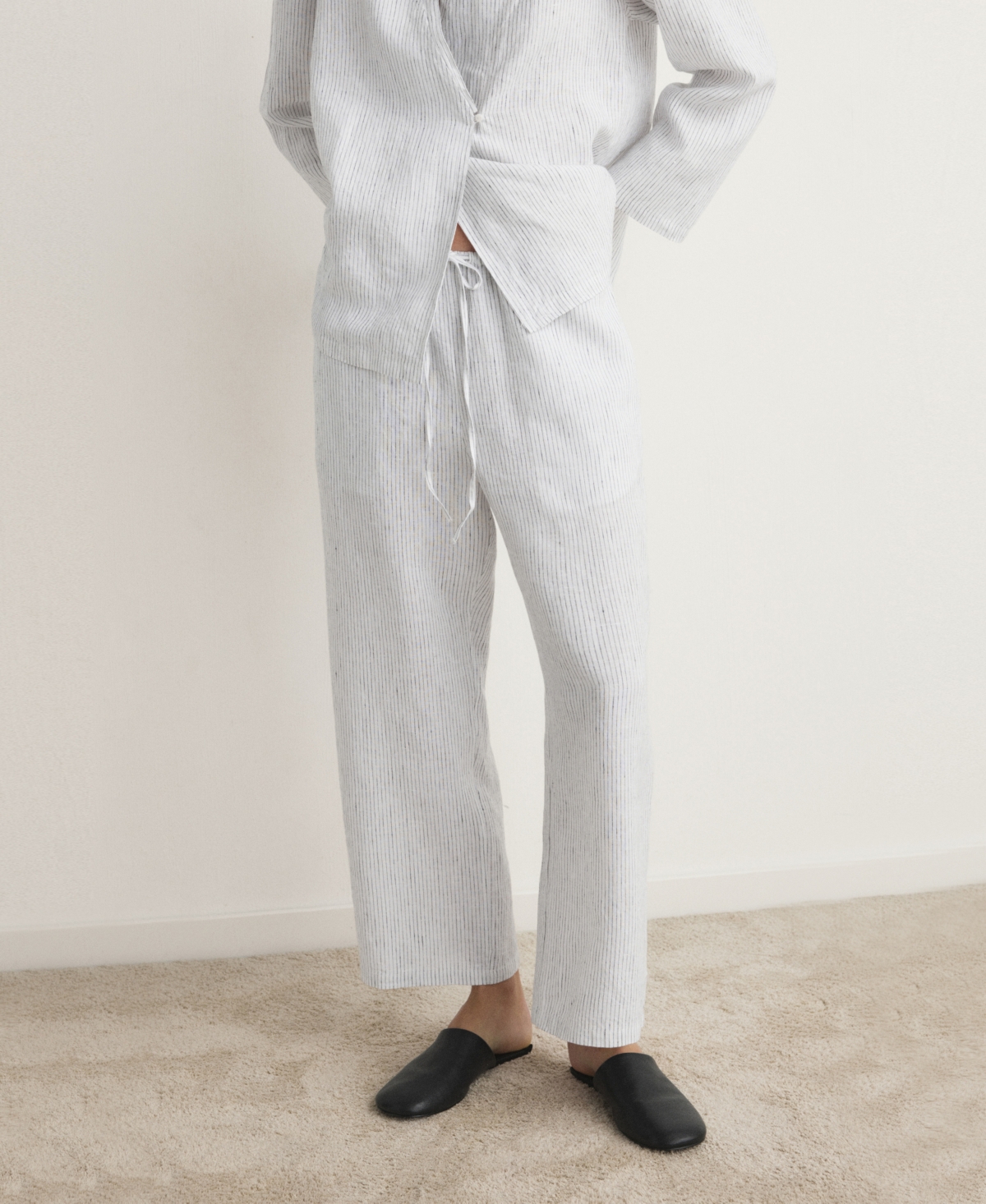 Click here for Mango Womens Striped Linen Pajama Trousers - White prices