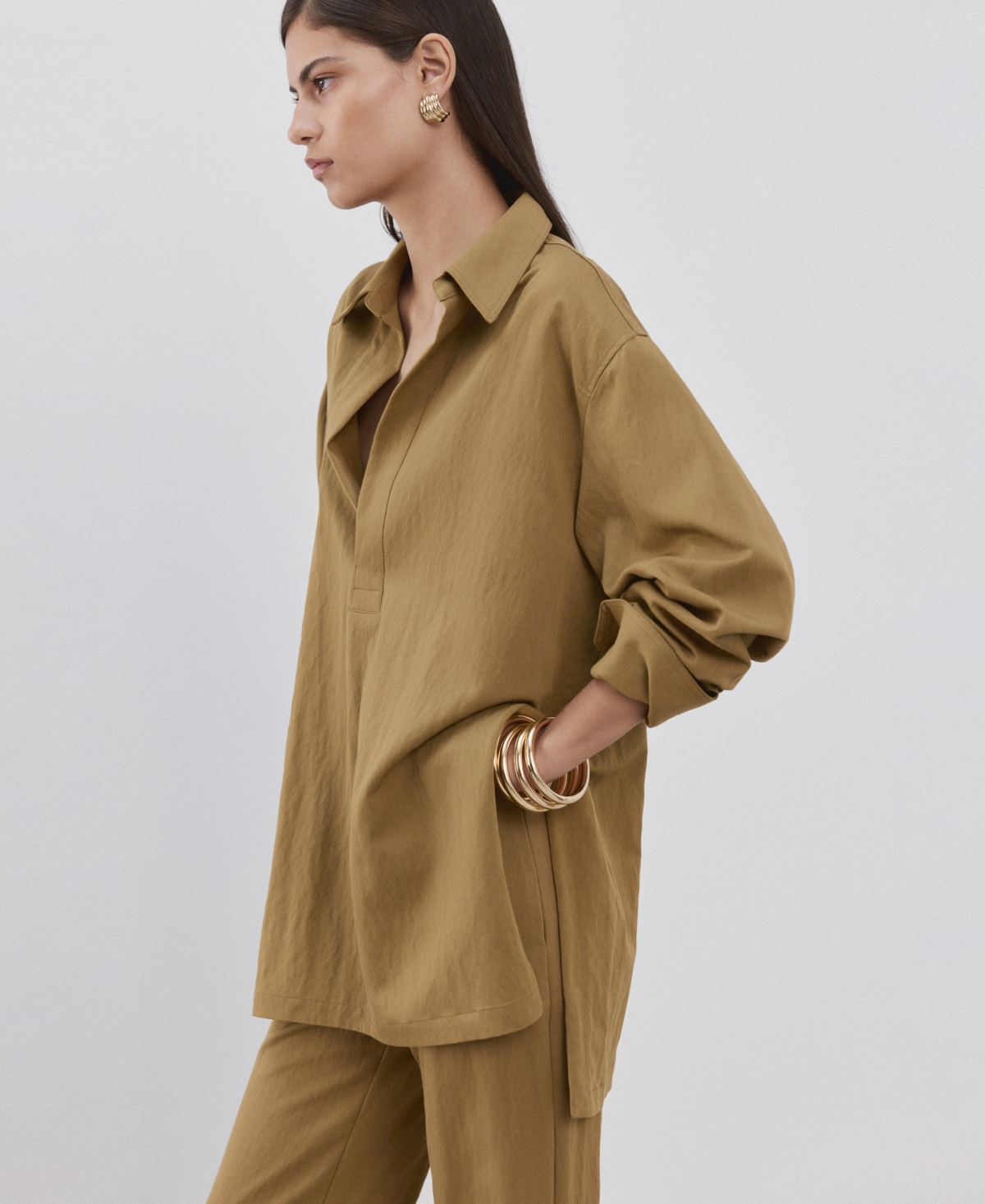 Click here for Mango Womens Collared Oversized Shirt - Khaki prices
