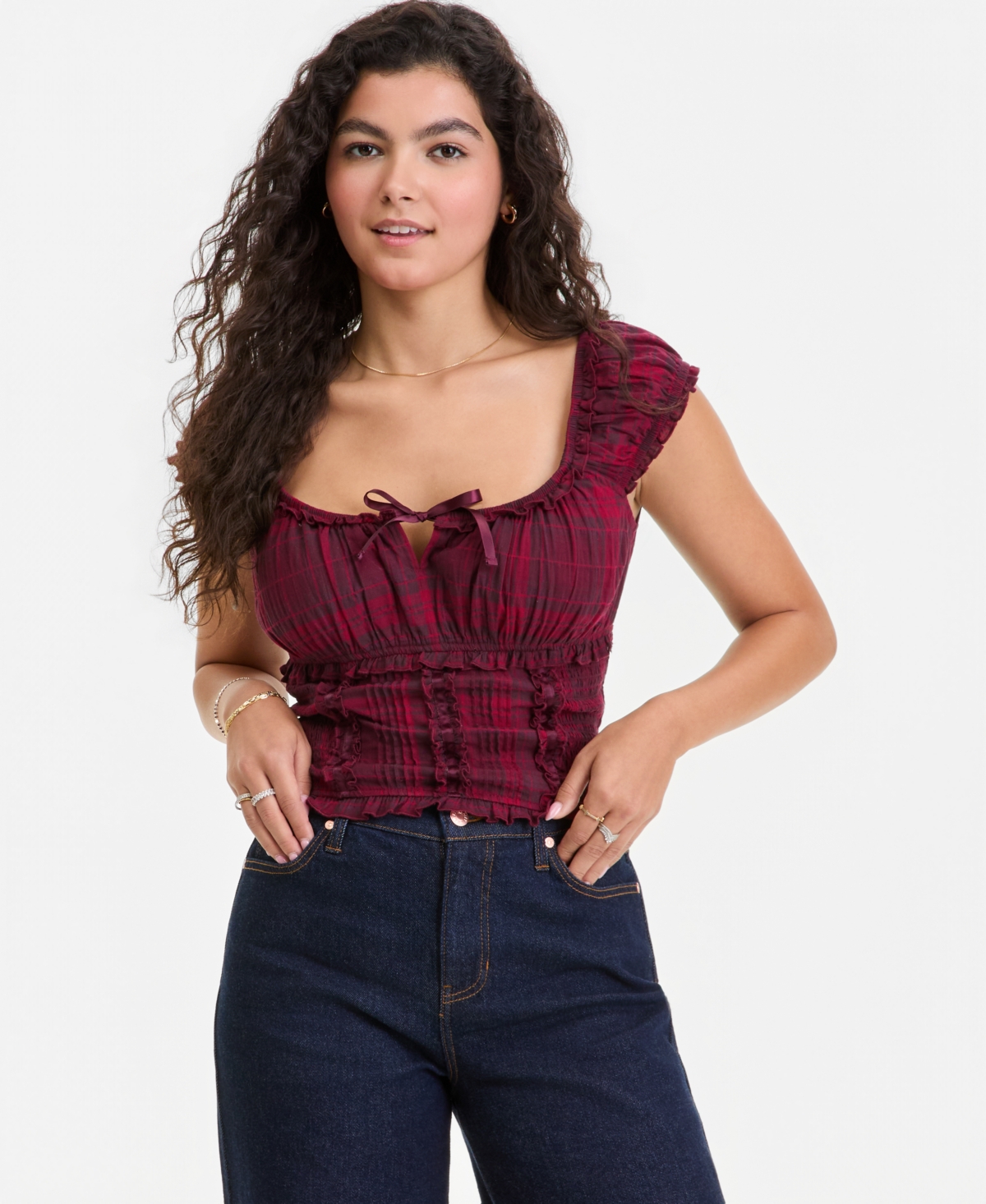 Click here for Self Esteem Juniors Tie-Front Plaid Printed Top -... prices